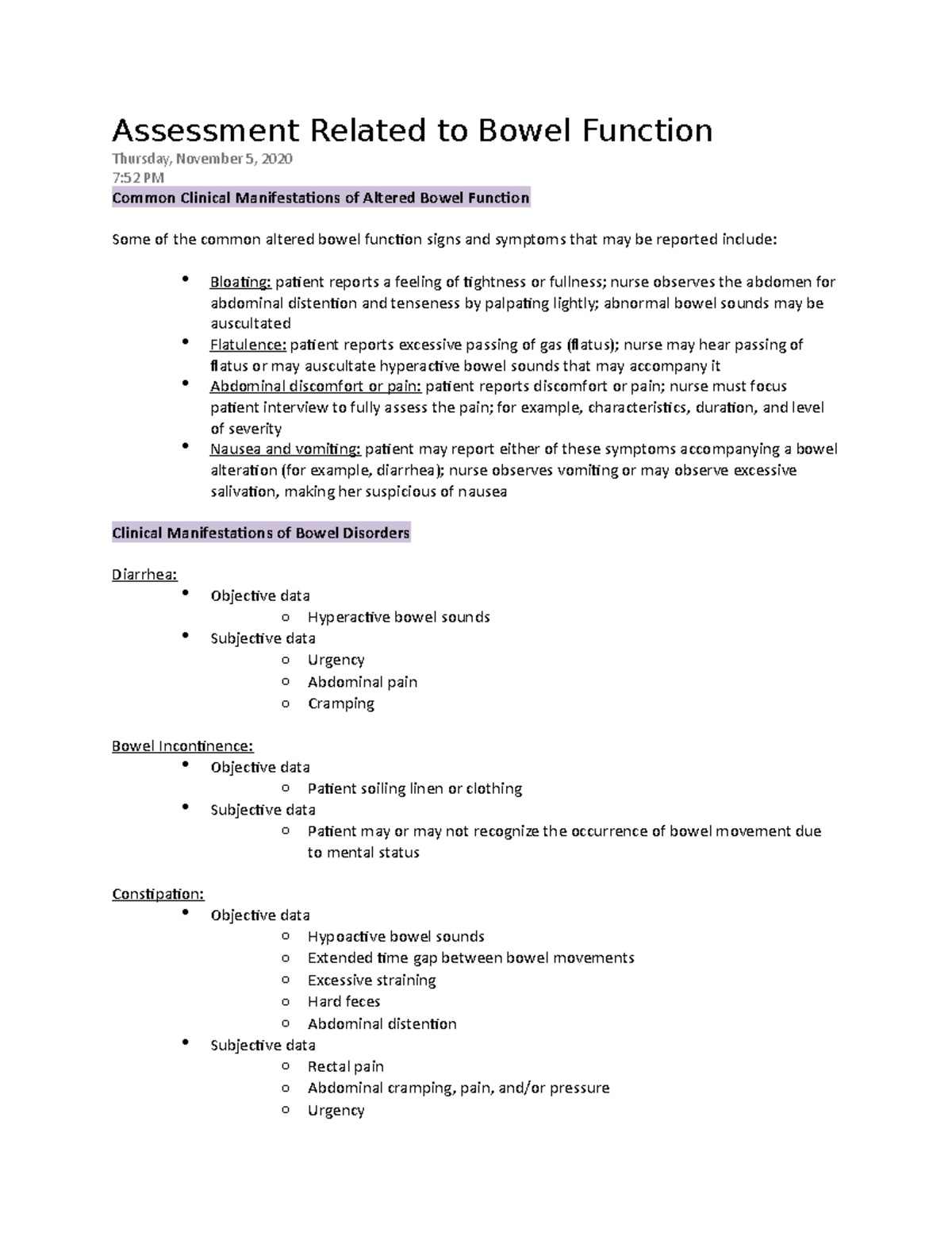 Assessment Related to Bowel Function - Assessment Related to Bowel ...