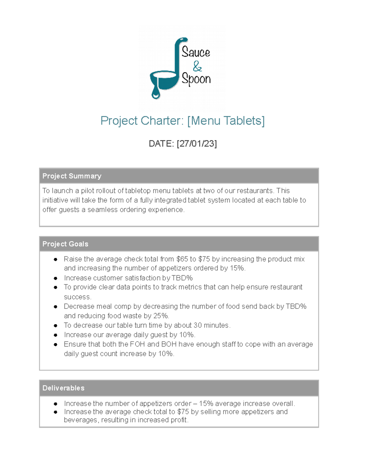 Sauce and spoon - project charter - Project Charter: [Menu Tablets] DATE: [27/01/23] Project ...