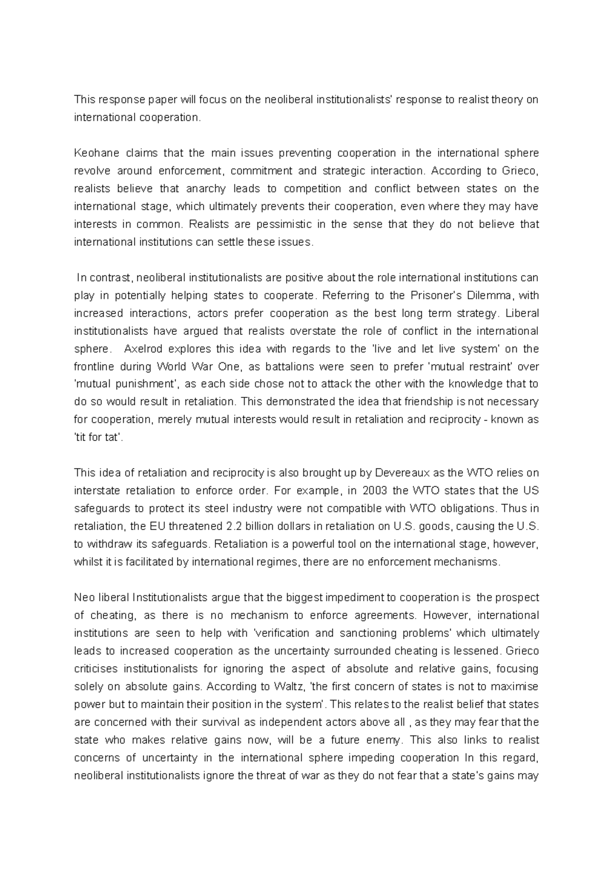 International Cooperation - This response paper will focus on the ...