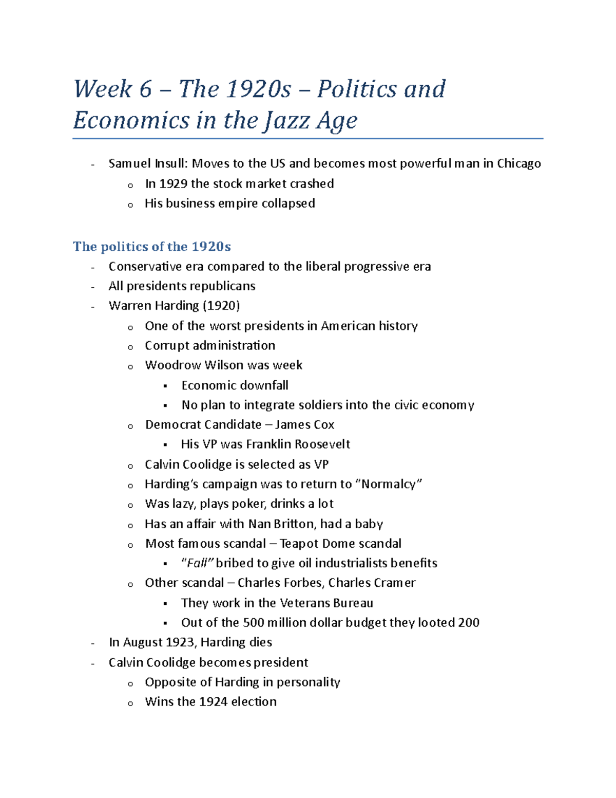 Week 6 – The 1920s – Politics and Economics in the Jazz Age - Studocu