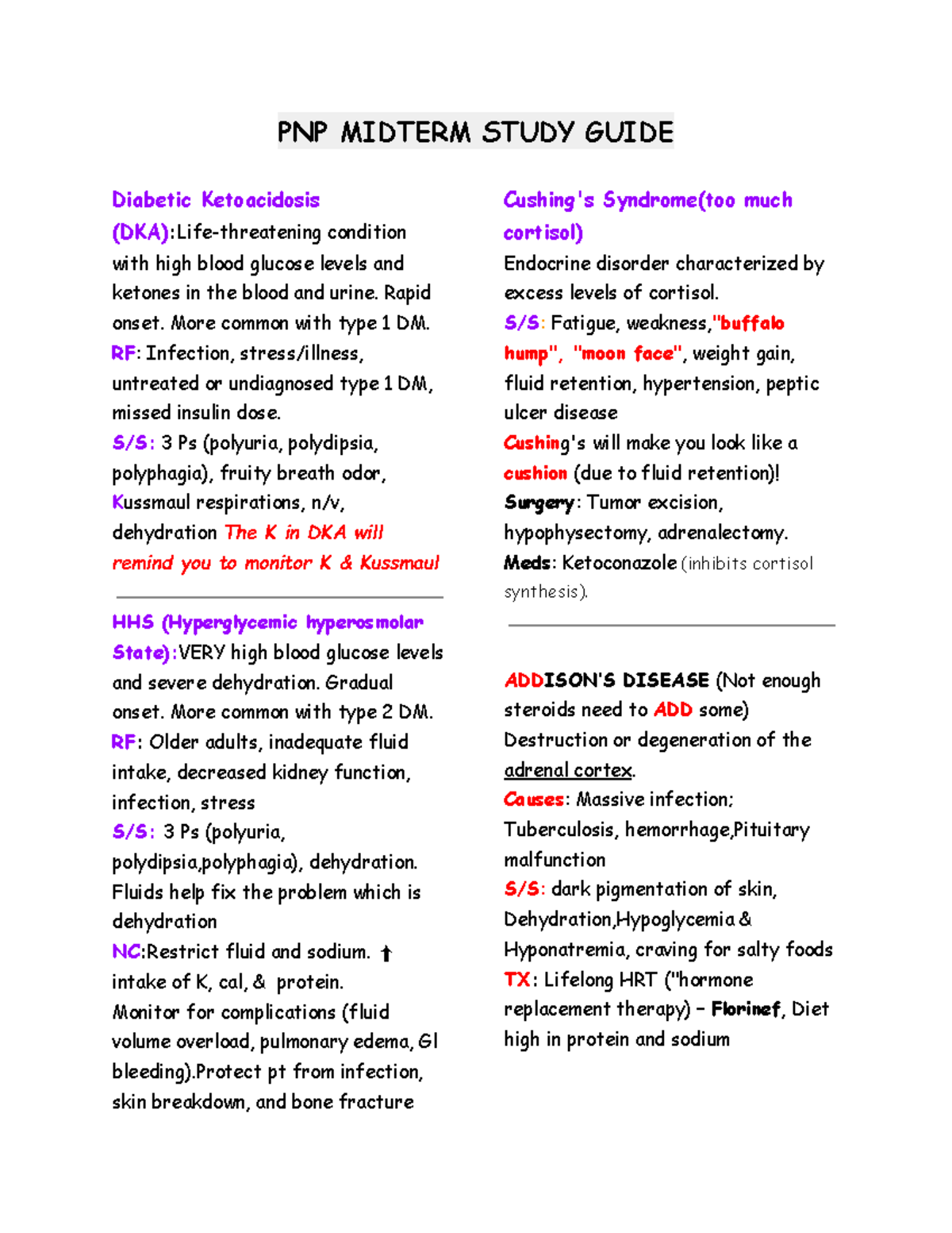 PNP Midterm Study Guide - PNP MIDTERM STUDY GUIDE Diabetic Ketoacidosis ...