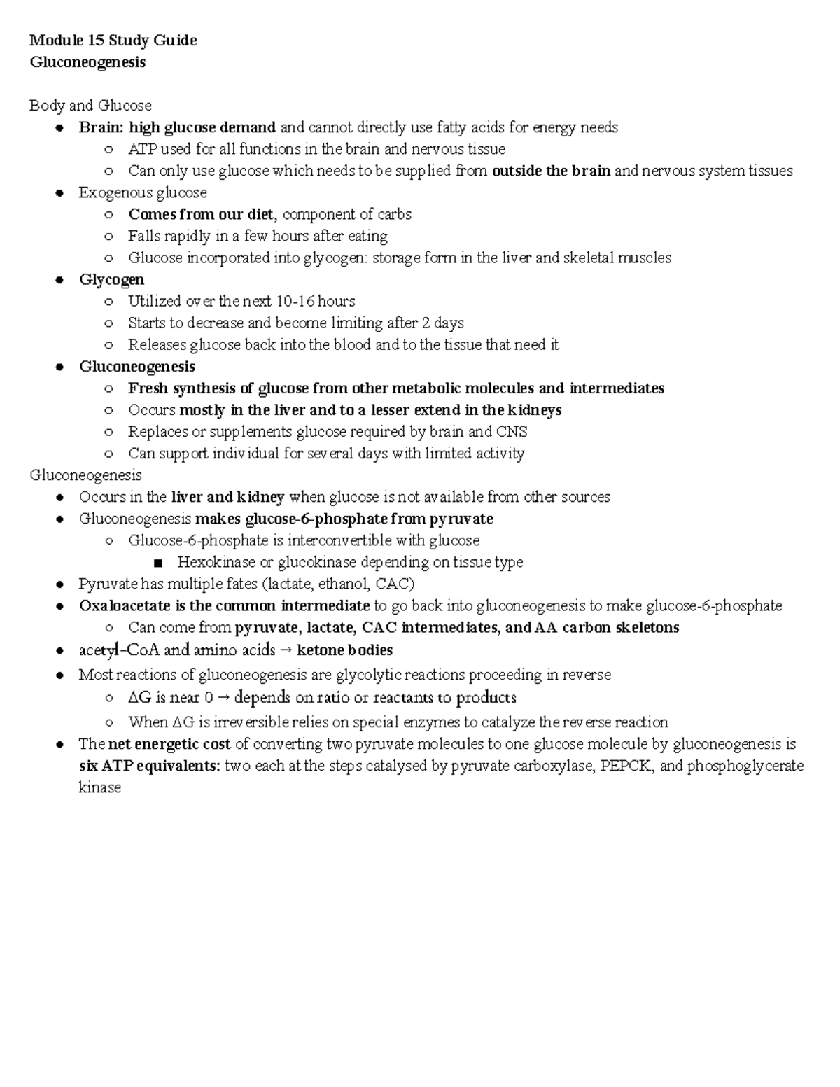 Module 15 Study Guide - Module 15 Study Guide Gluconeogenesis Body and ...