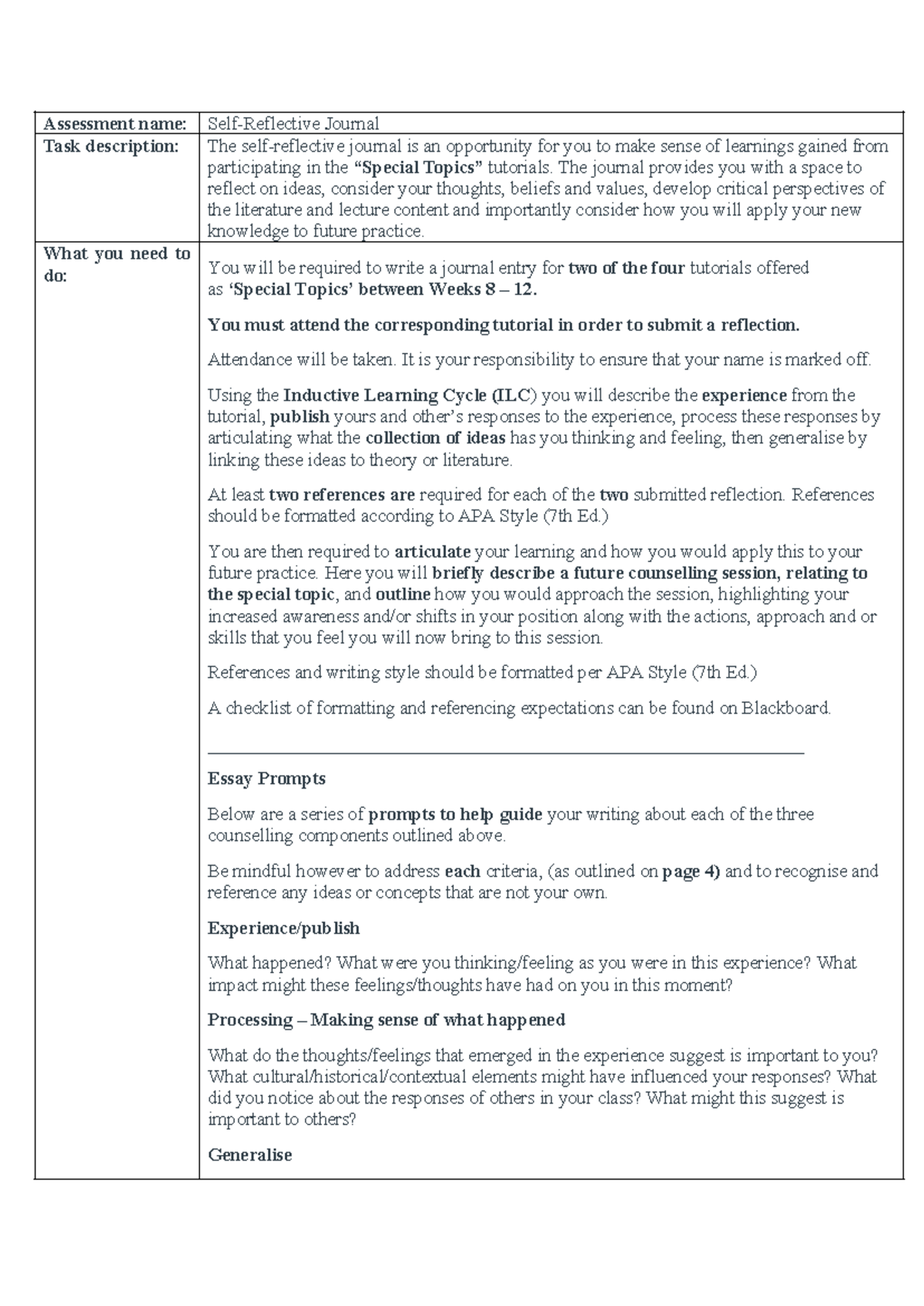 Task Sheet - Assessment name: Self-Reflective Journal Task description ...
