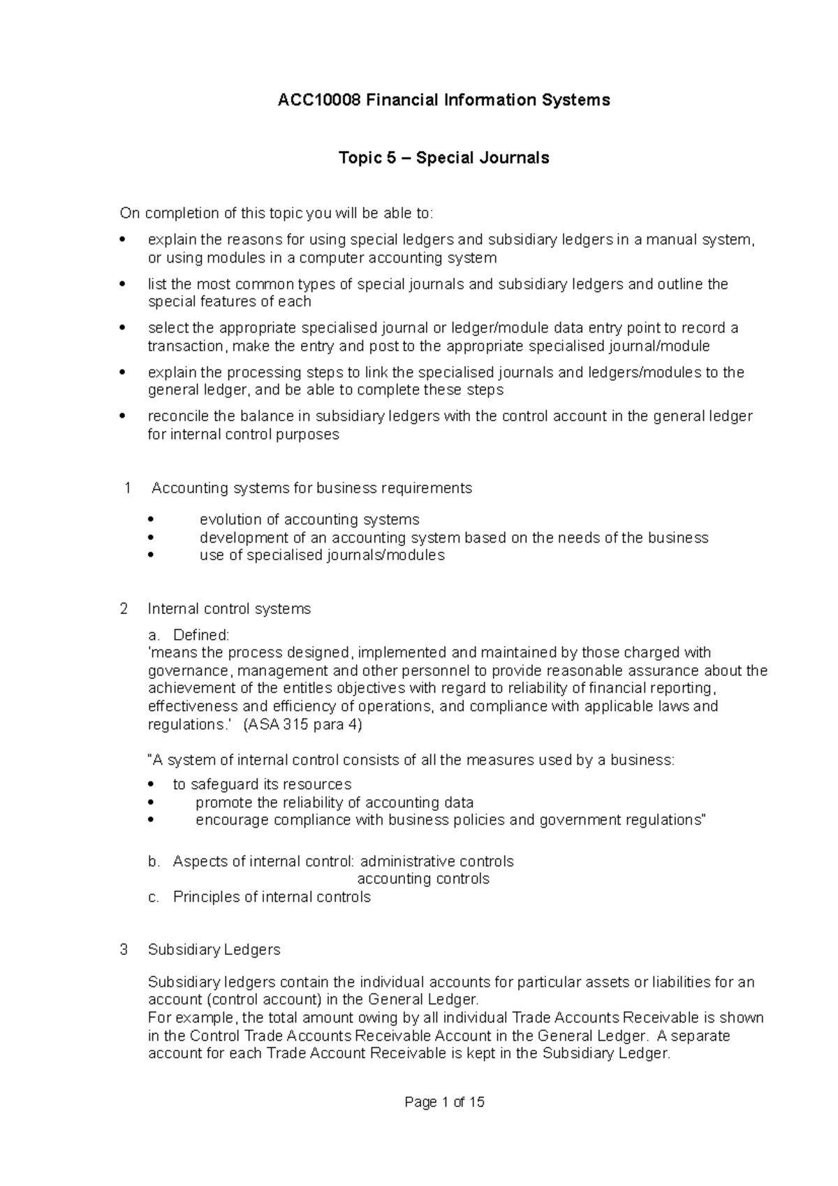 Topic 5 outline - Financial Information Systems Topic 5 Special ...