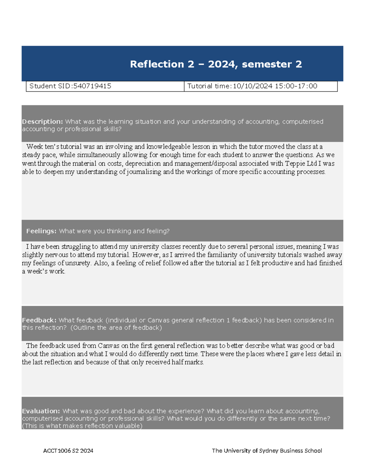 Reflection 2, ACCT1006 - Reflection 2 – 2024, semester 2 Student SID ...