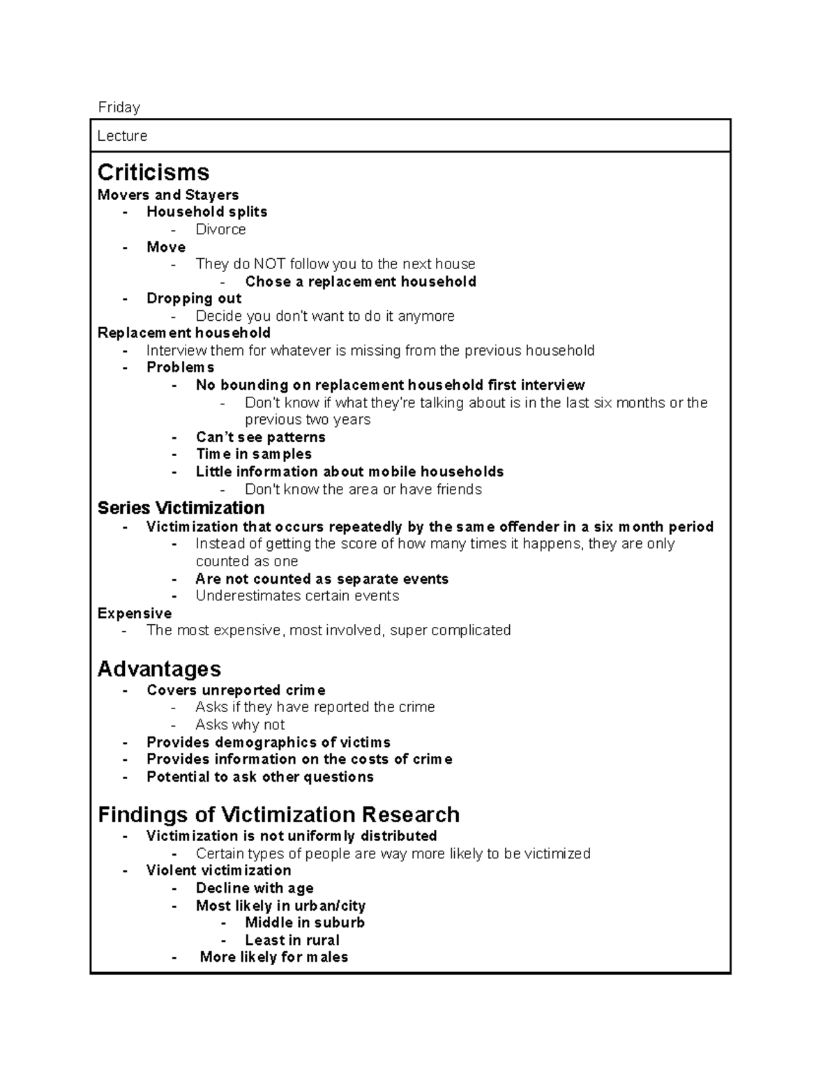 CCJS300 Week 12 Notes - Friday Lecture Criticisms Movers and Stayers ...