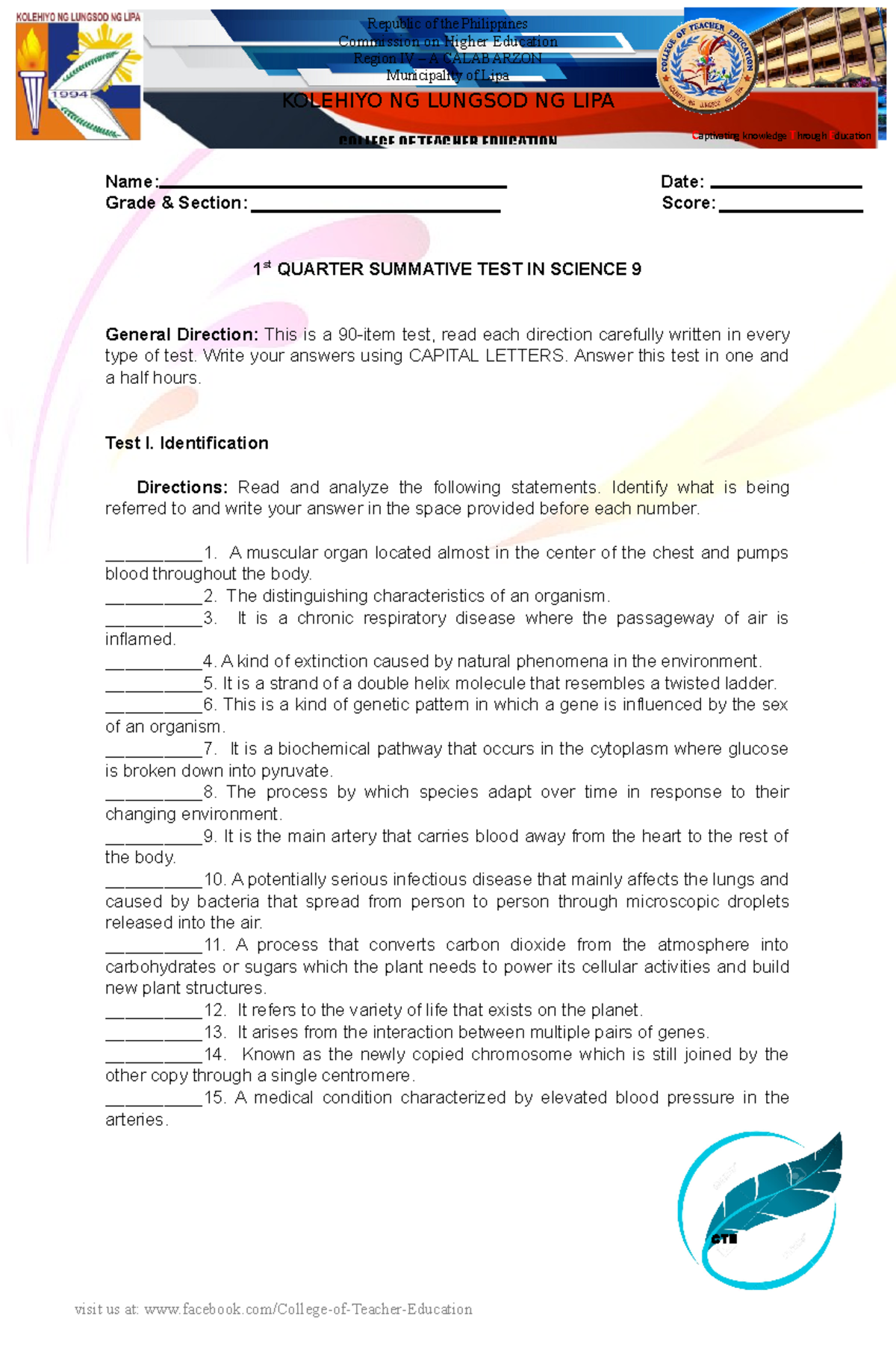 90 item Test in Science 9 Auto Recovered - Name: Date: Grade & Section ...