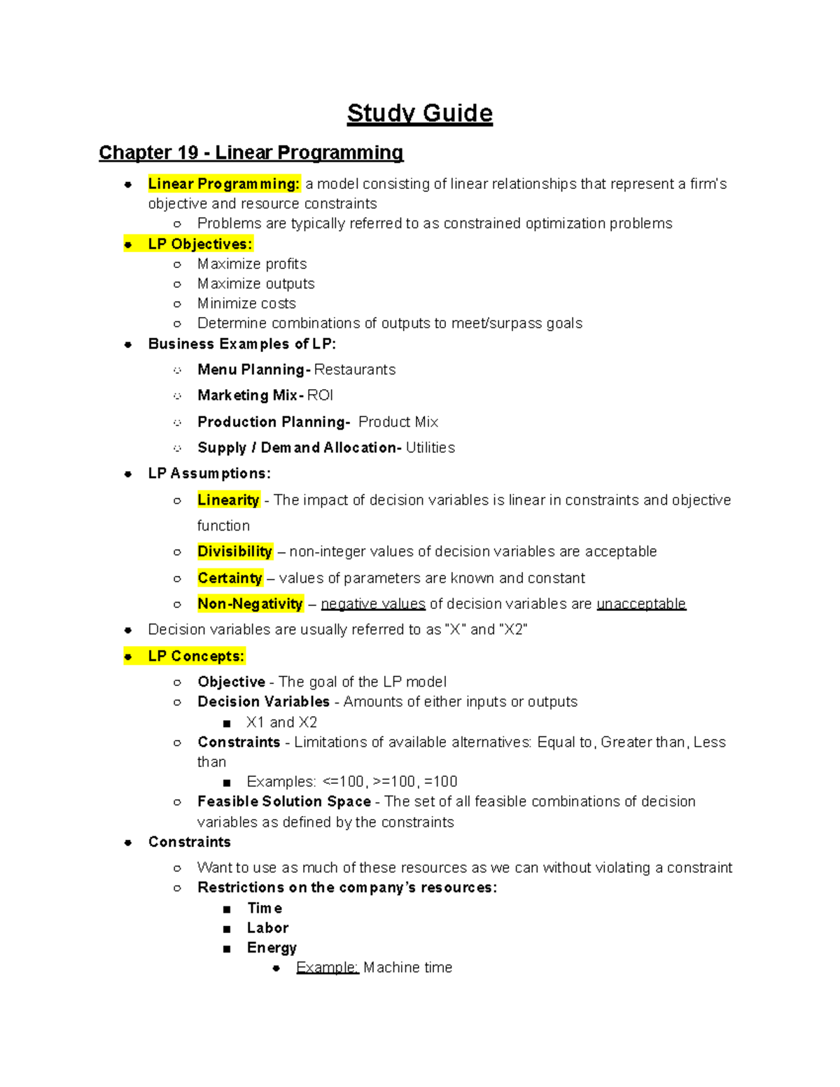 BUAD 306 Exam #2 Notes - Study Guide Chapter 19 - Linear Programming ...