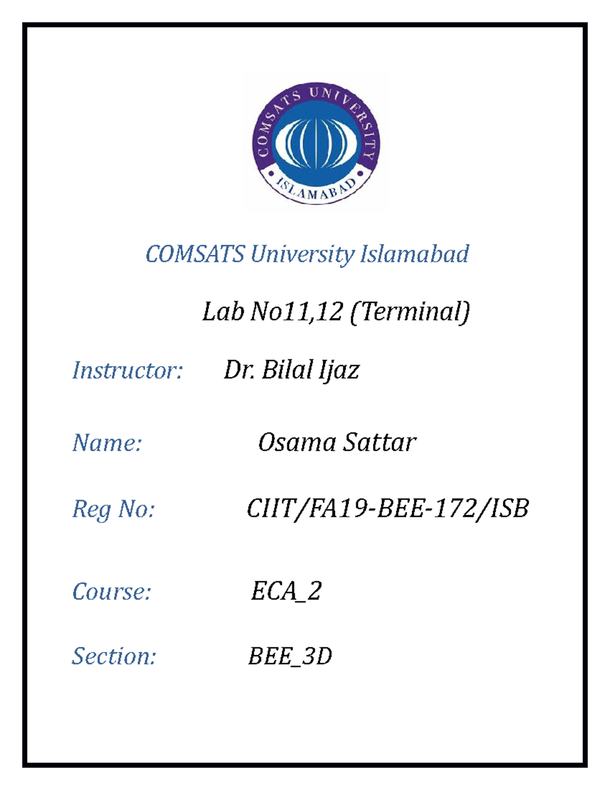 ECA 2, Lab 11,12(Terminal), Osama Sattar, FA19-BEE-172 - COMSATS University Islamabad Lab No11 ...