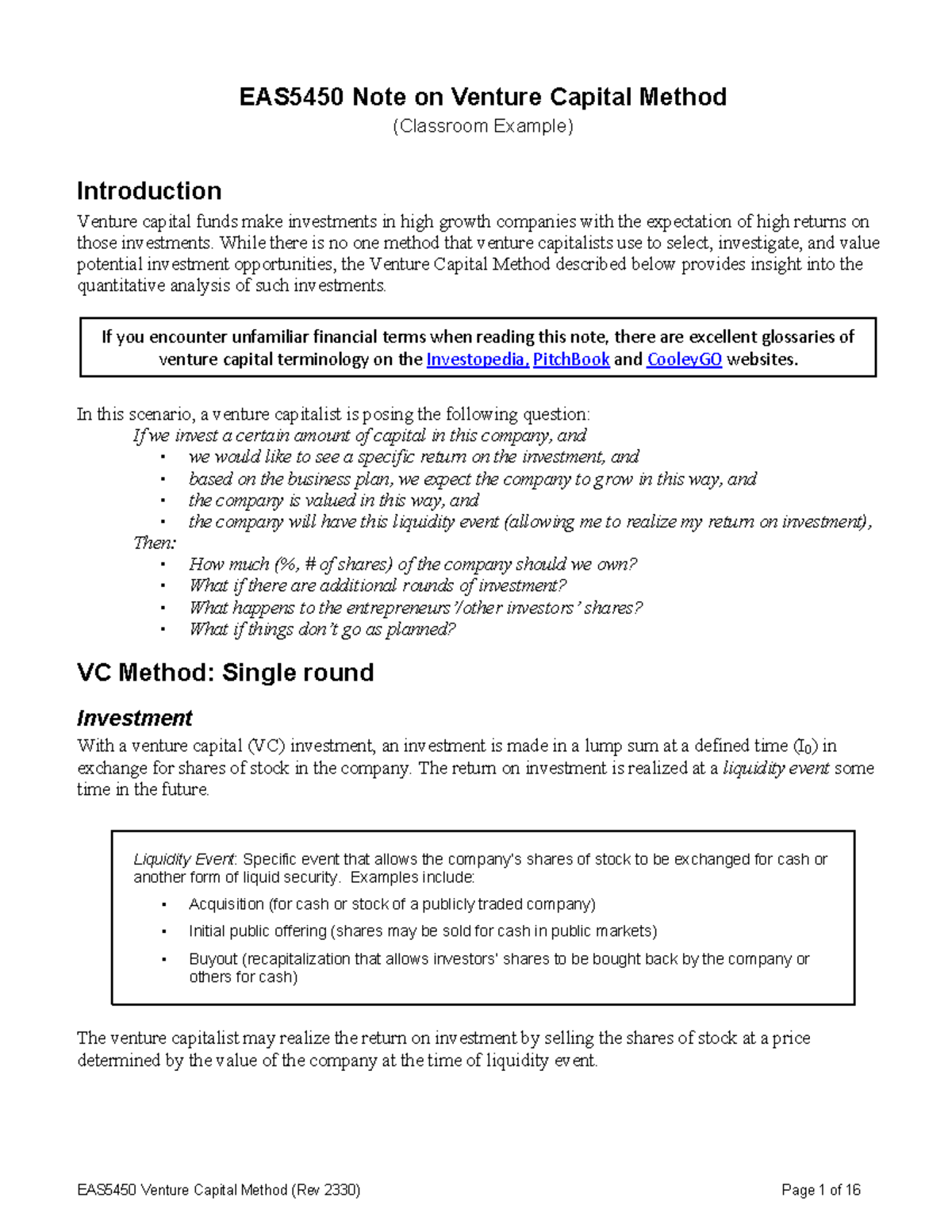 Note on VC Method (Rev 2330) - EAS5450 Note on Venture Capital Method ...