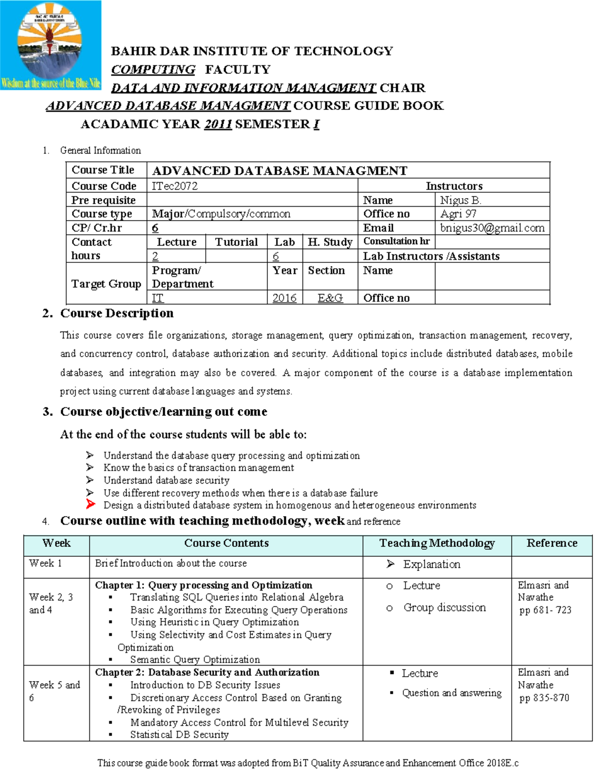 Advanced DB course guide book 2011 II - BAHIR DAR INSTITUTE OF TECHNOLOGY COMPUTING FACULTY DATA ...