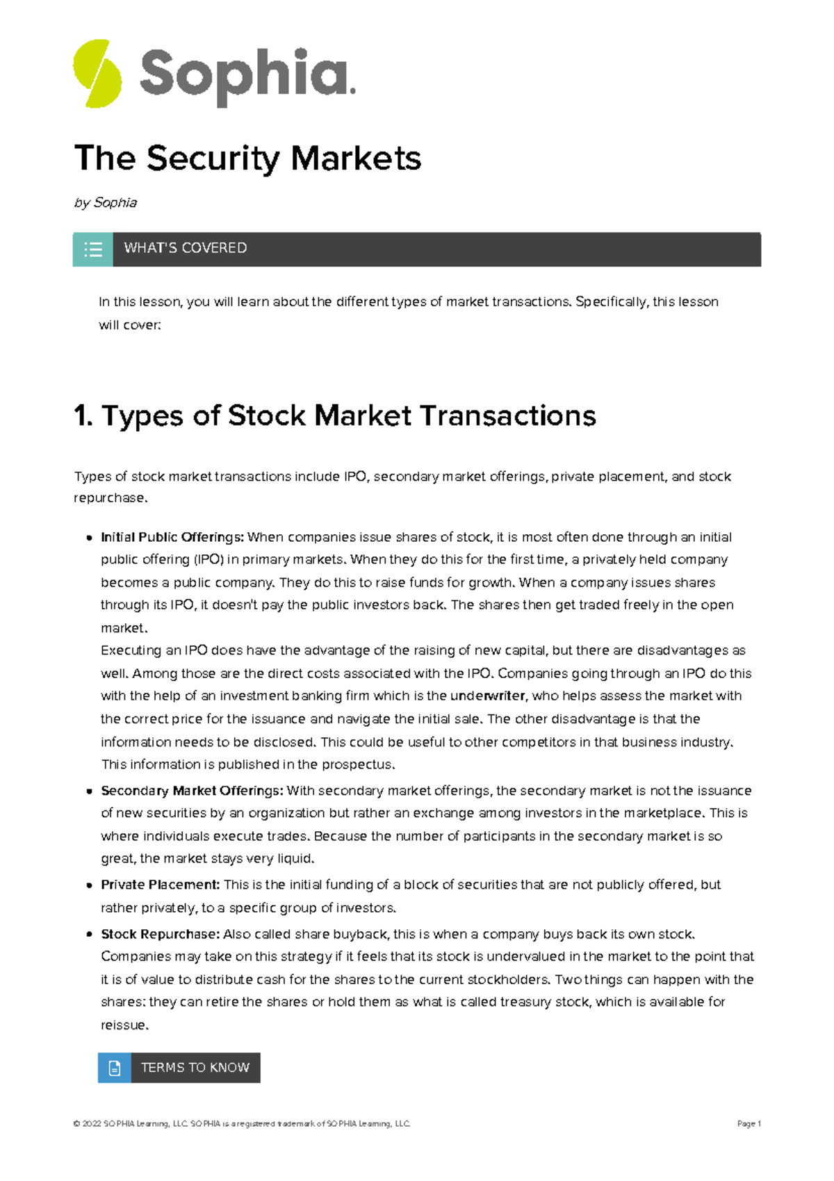 Security markets - The Security Markets by Sophia In this lesson, you ...