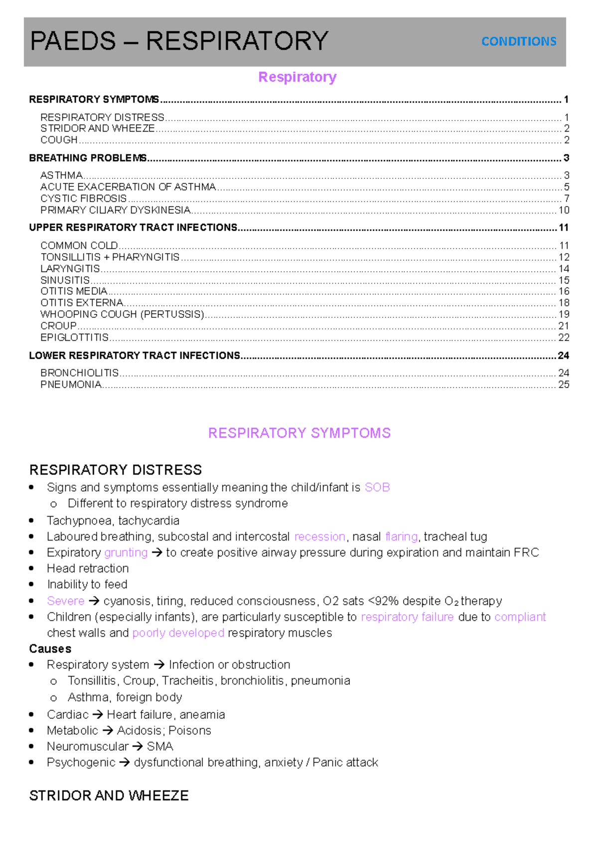 Respiratory in paediatrics - Respiratory RESPIRATORY - Studocu