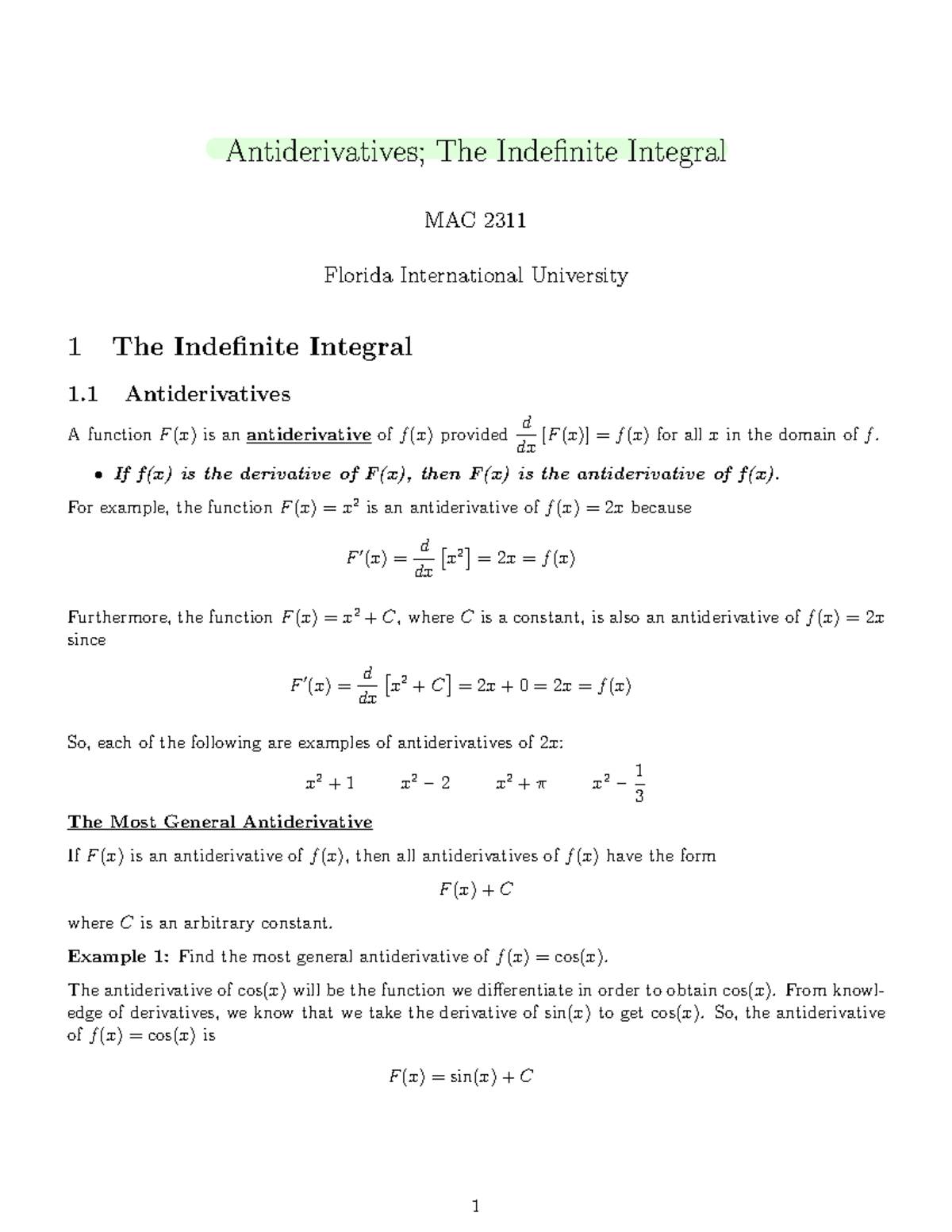 CALCULUS 1 PRACTICE NOTES PART 2 - Antiderivatives; The Indefinite ...