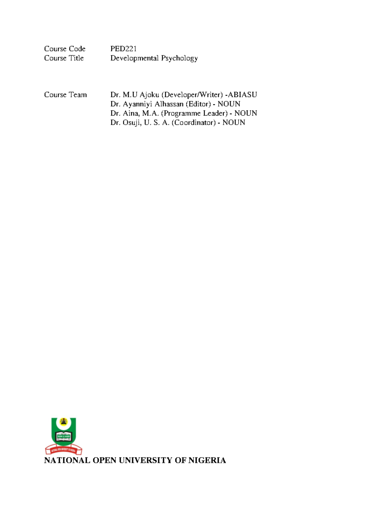 PED 221 Developmental Psychology - Course Code PED Course Title ...