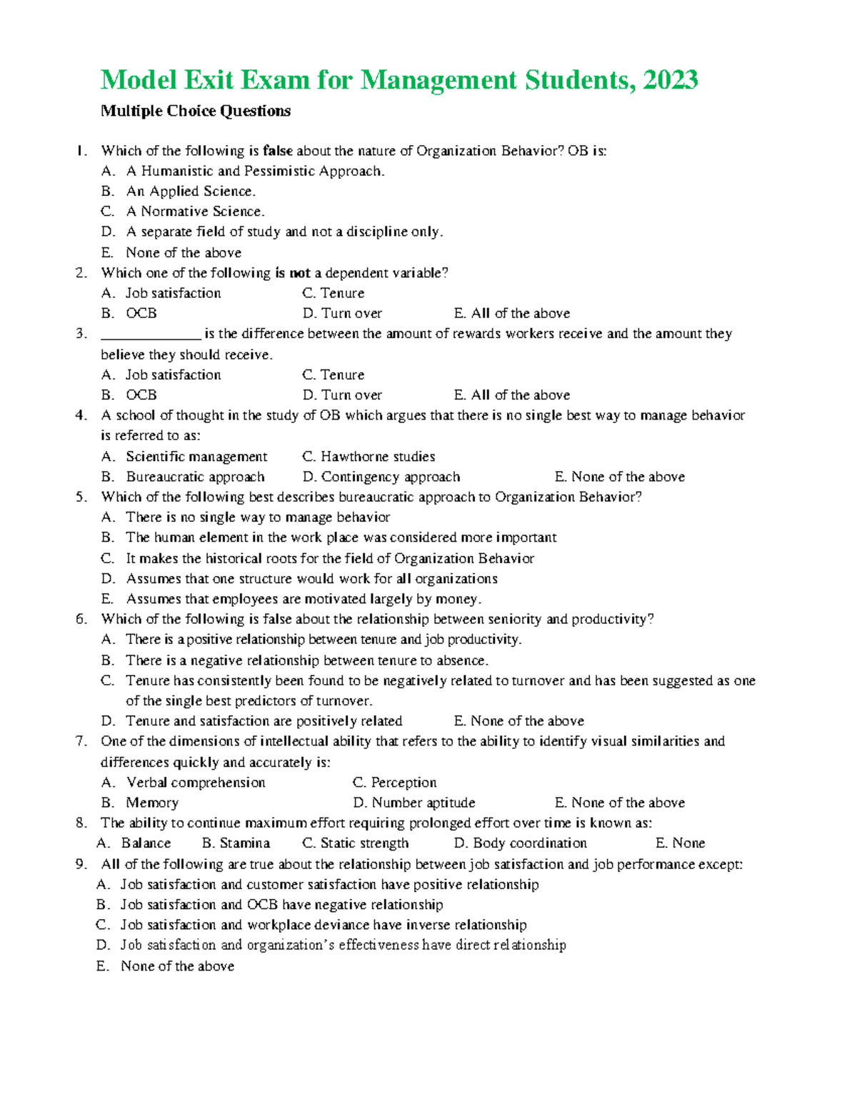 Management Model Exit Exam 2023 - Model Exit Exam for Management ...