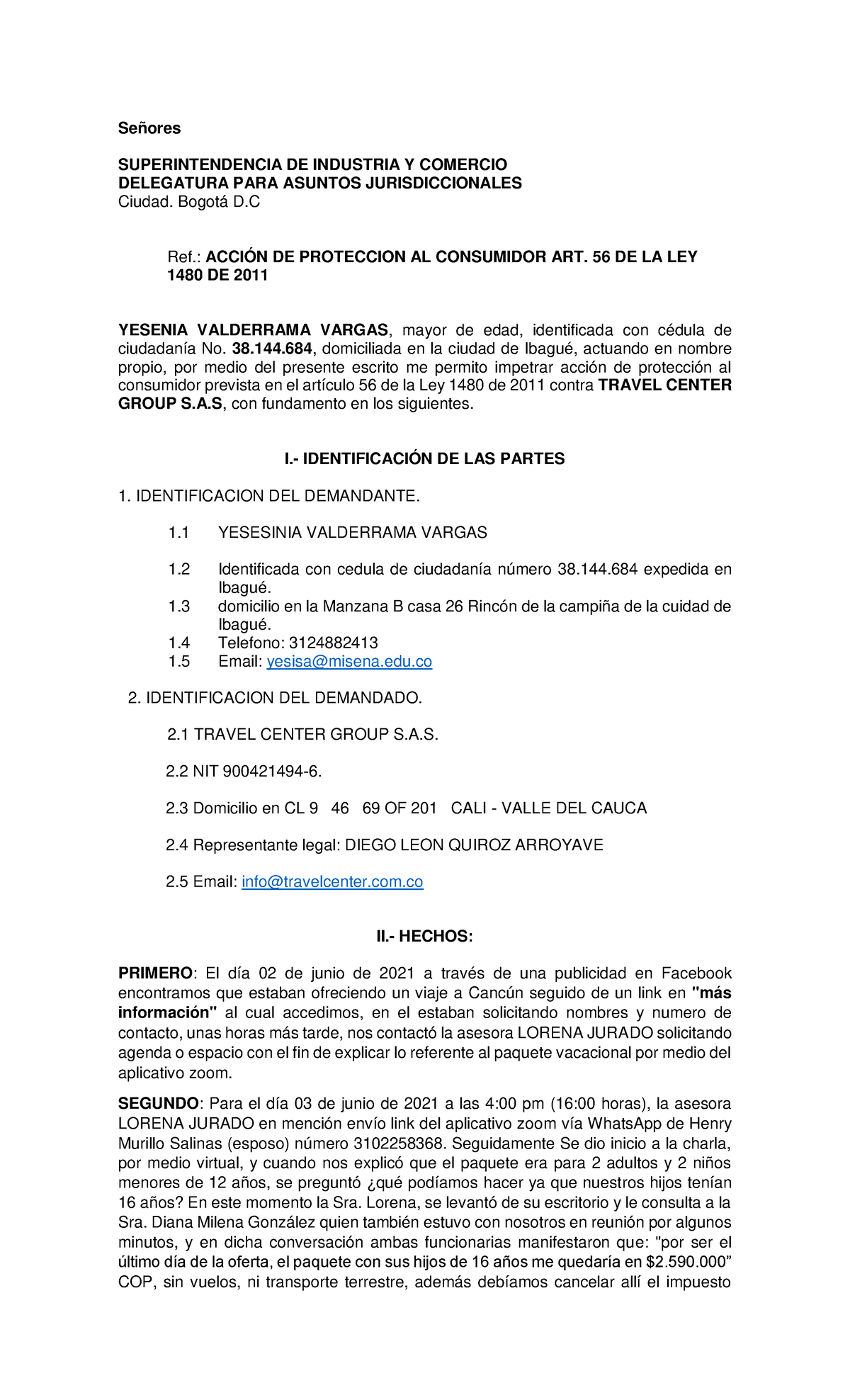 Demanda SIC (n) - Señores SUPERINTENDENCIA DE INDUSTRIA Y COMERCIO DELEGATURA PARA ASUNTOS - Studocu