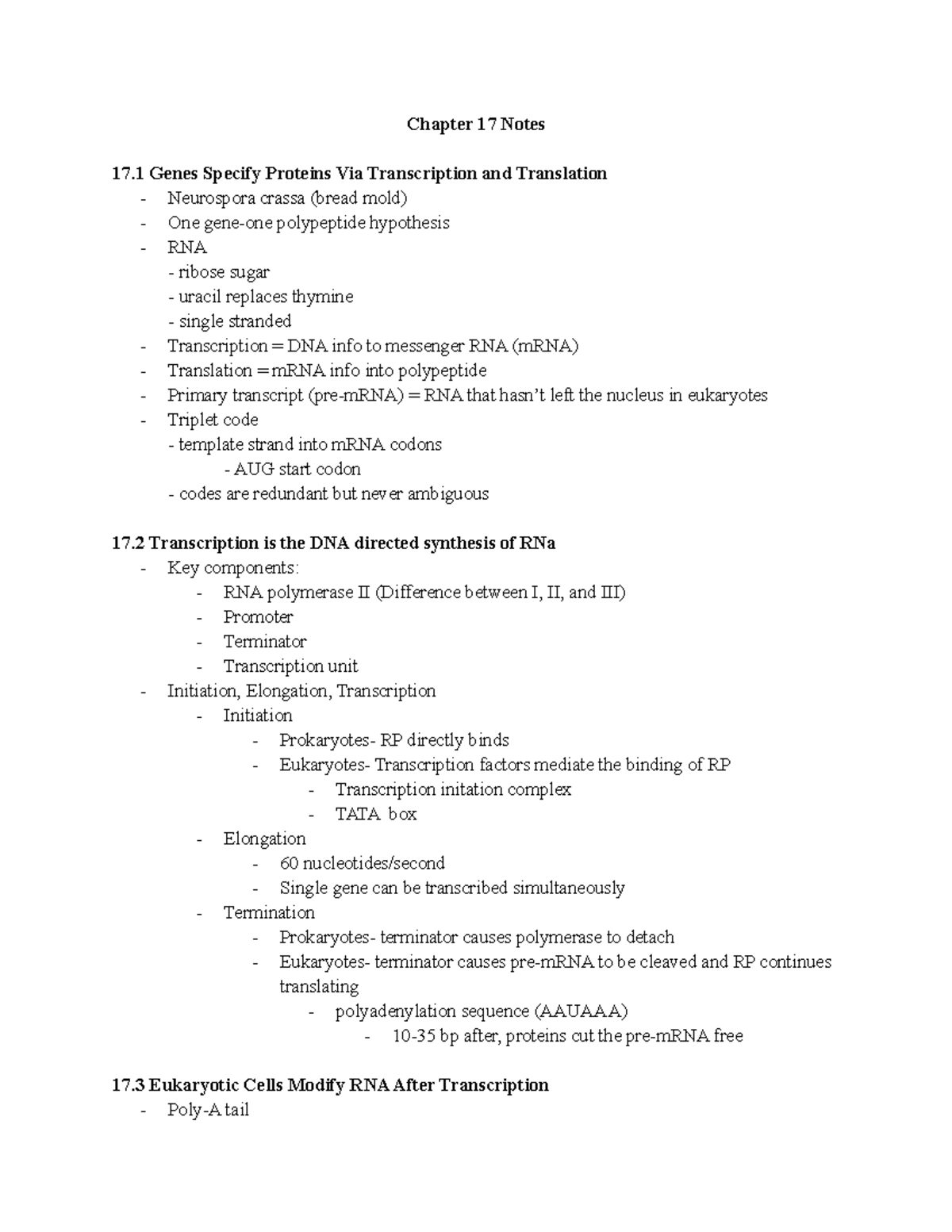 Chapter 17 - Lecture notes 1 - Chapter 17 Notes 17 Genes Specify ...