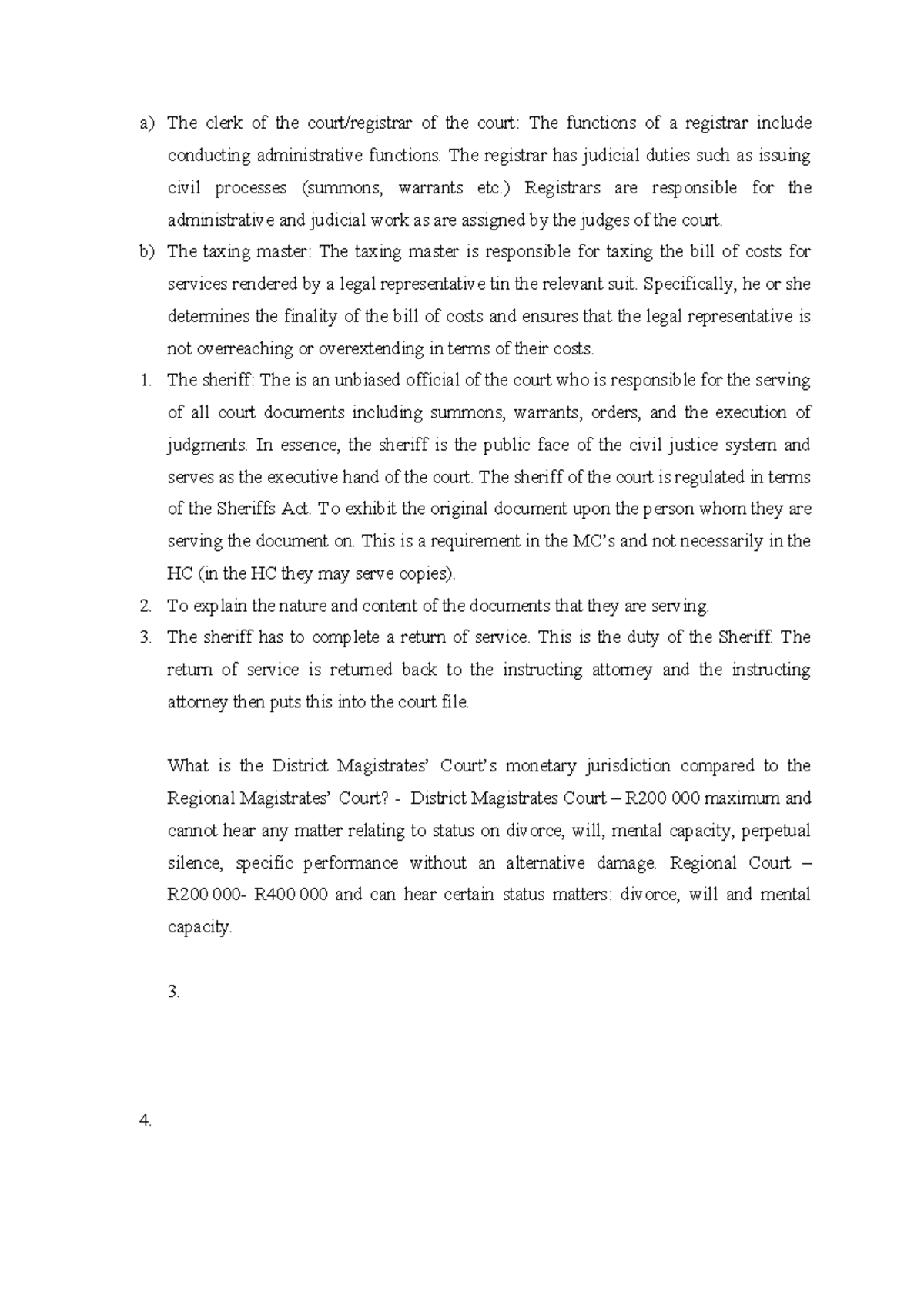 Civil Prodcedure - Notes - a) The clerk of the court/registrar of the ...