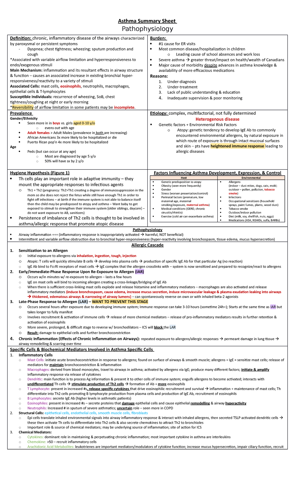 Asthma Summary Sheet - Asthma Summary Sheet Pathophysiology Definition ...