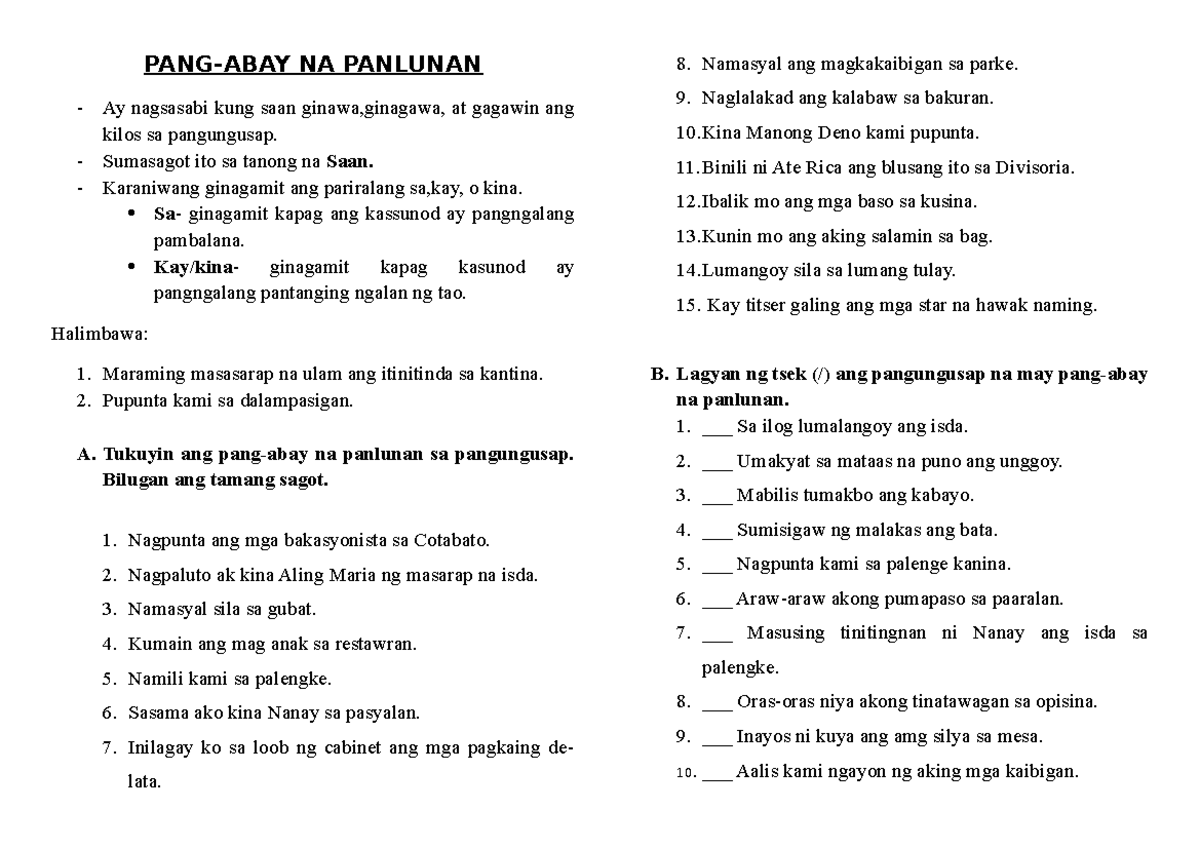 Filipino - for study - PANG-ABAY NA PANLUNAN Ay nagsasabi kung saan ...