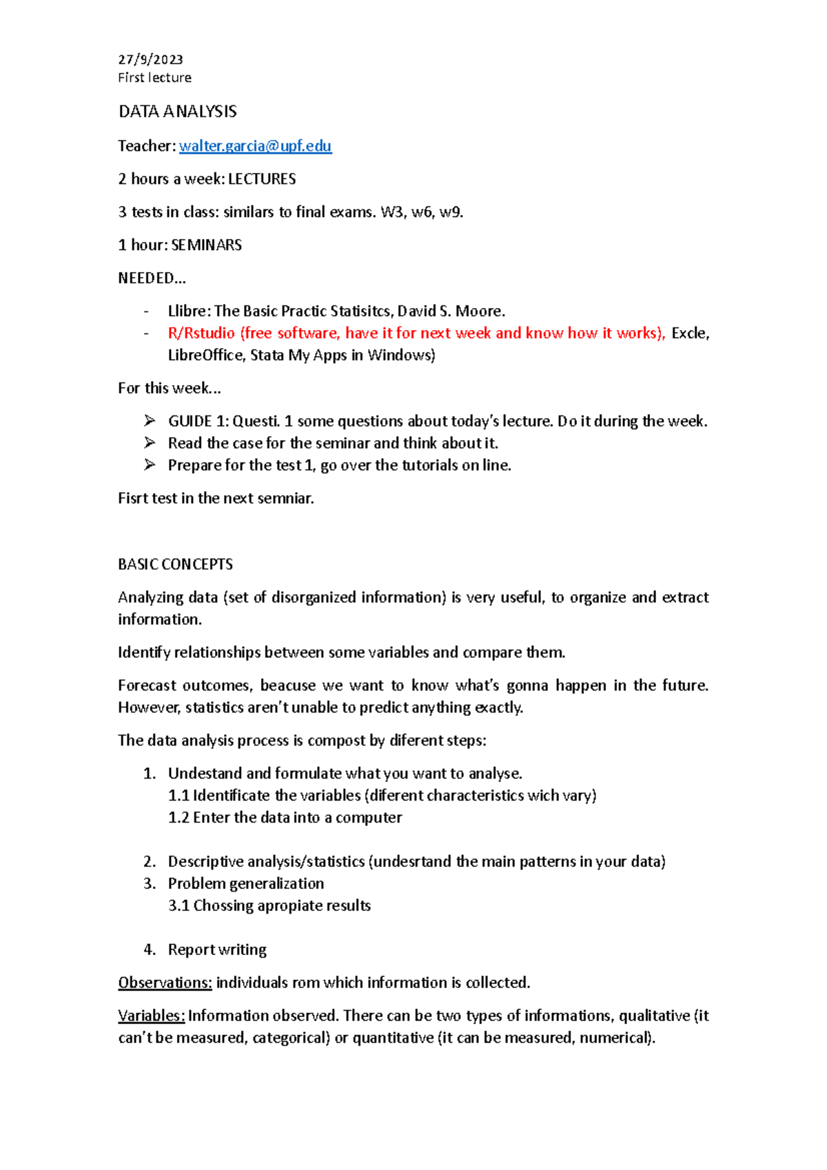 DATA Analysis - ksjsbx c - 27/9/ First lecture DATA ANALYSIS Teacher ...