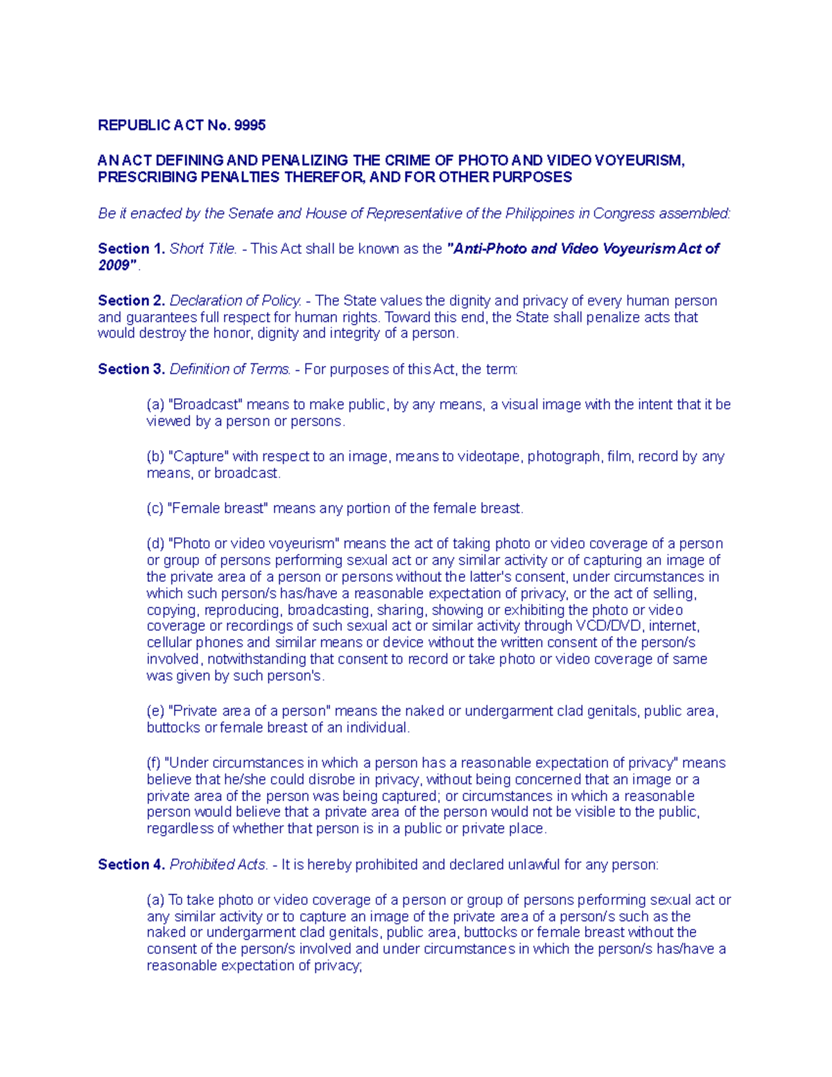 SPL-SAT - Summary Criminal Law - REPUBLIC ACT No. 9995 AN ACT DEFINING ...