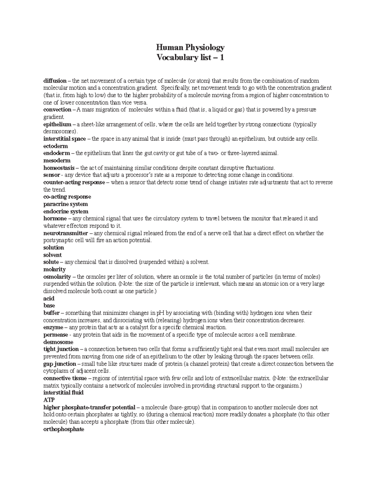 Vocab #1 - Human Physiology Vocabulary list – 1 diffusion – the net ...