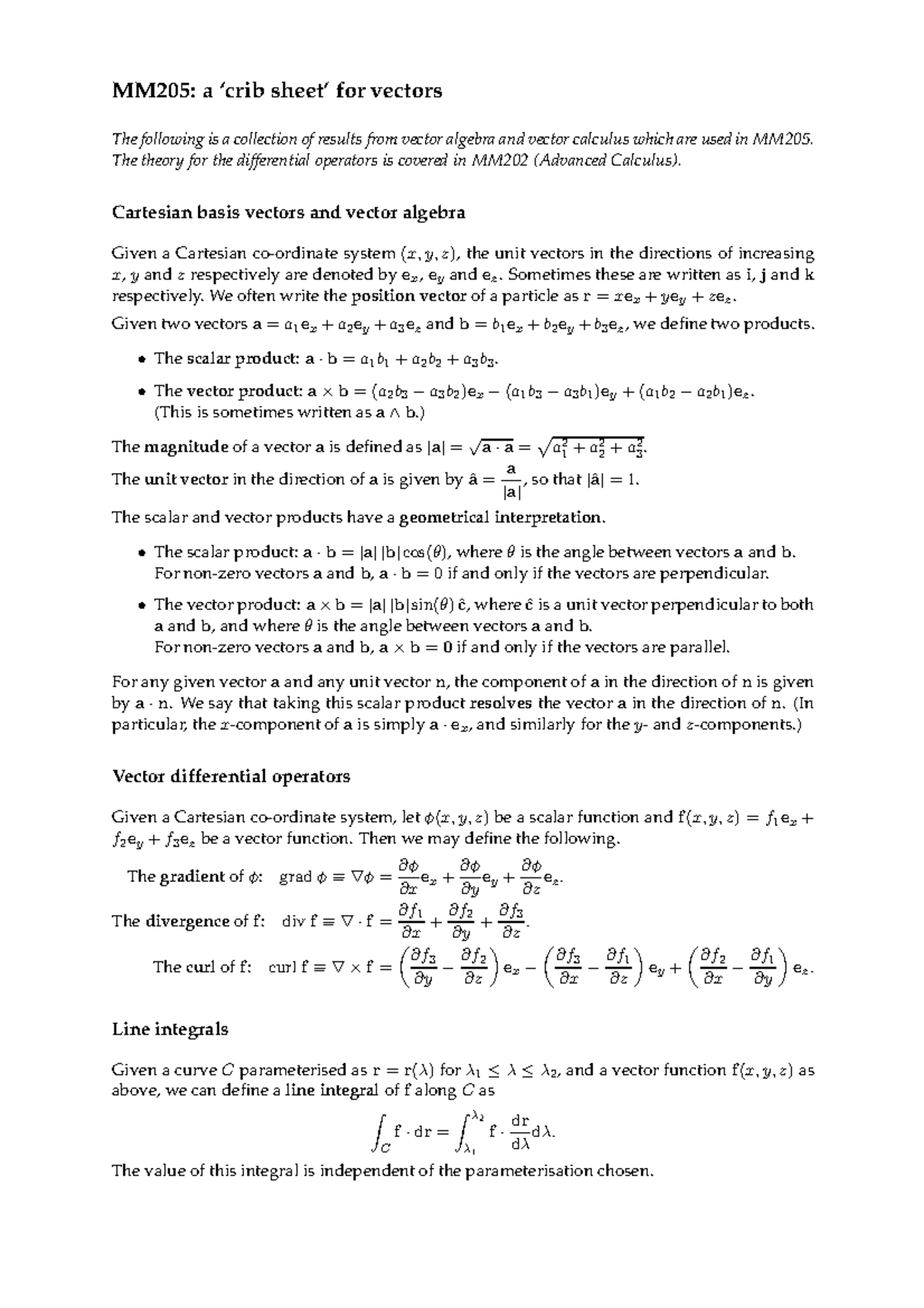 Vector Algebra and Calculus - MM205: a ‘crib sheet’ for vectors The ...