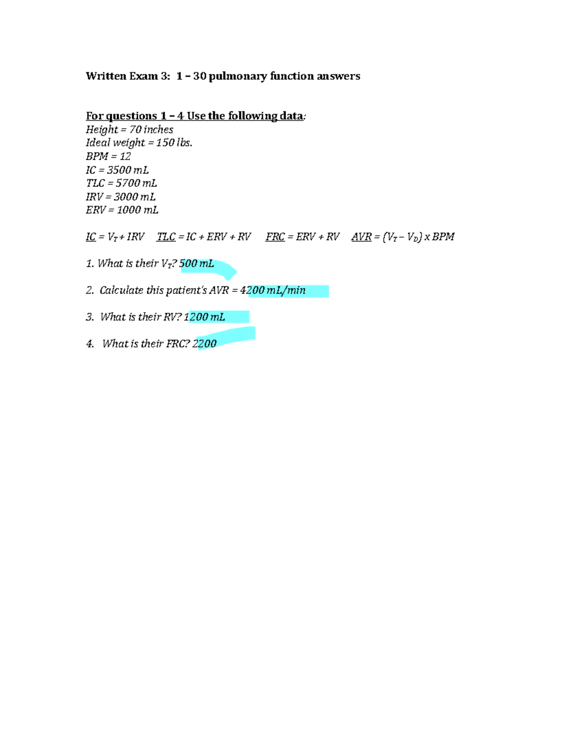 1 - 30 pulmonary function practice Answer KEY - Written Exam 3: 1 – 30 ...