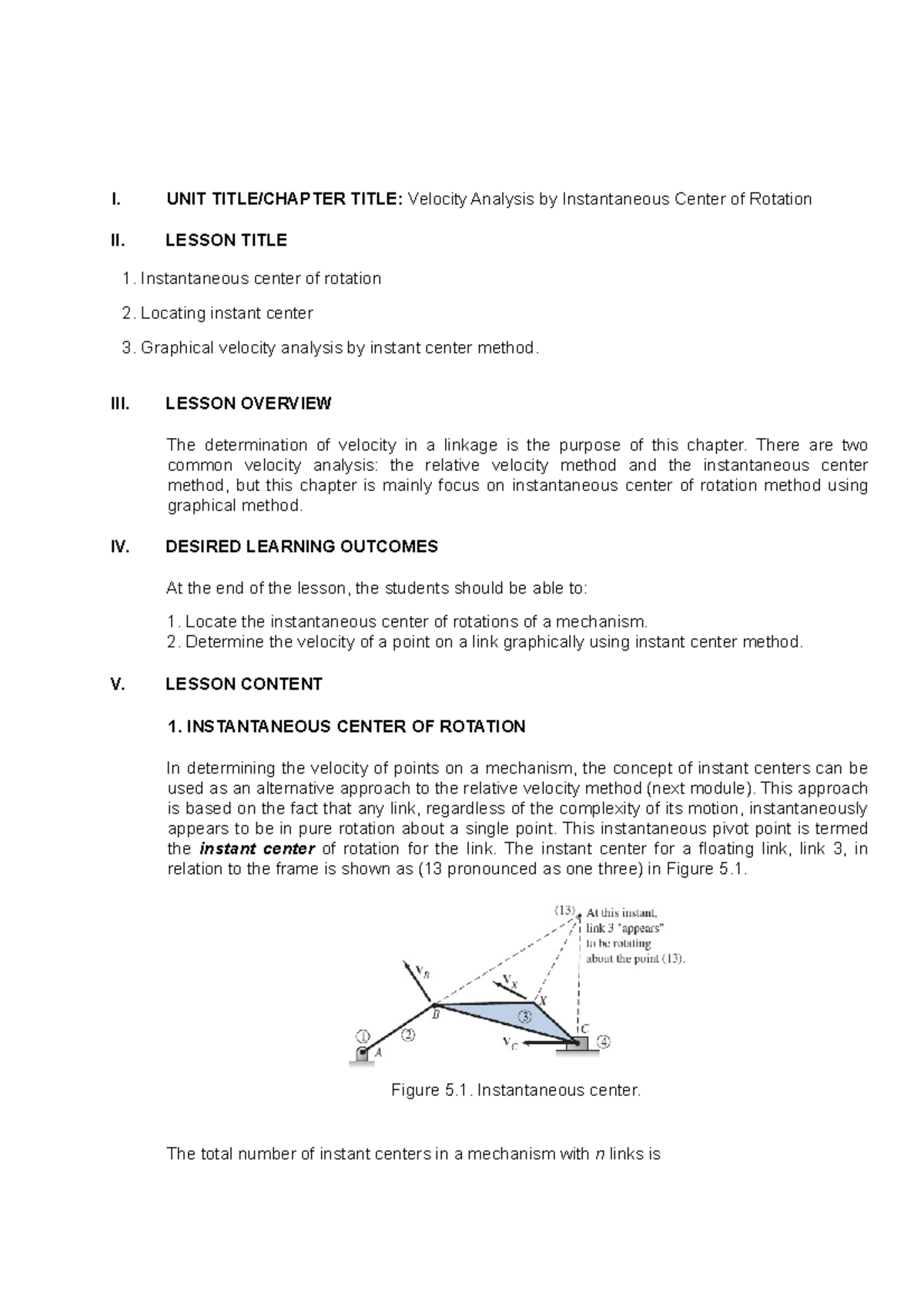 Velocity Analysis by Instantaneous center of rotation - I. UNIT TITLE ...