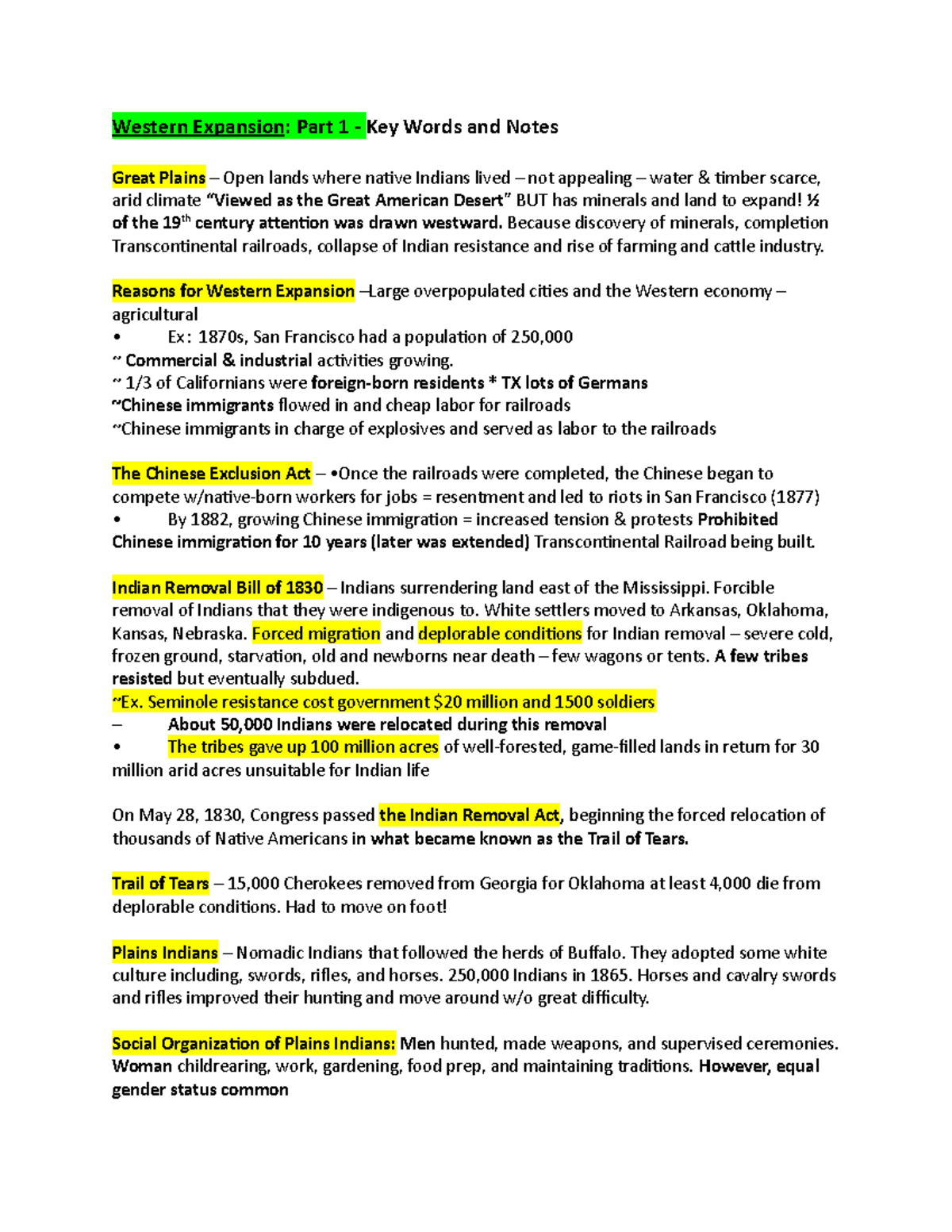 Key Words and Notes Western Expansion Part 1 - Western Expansion: Part ...