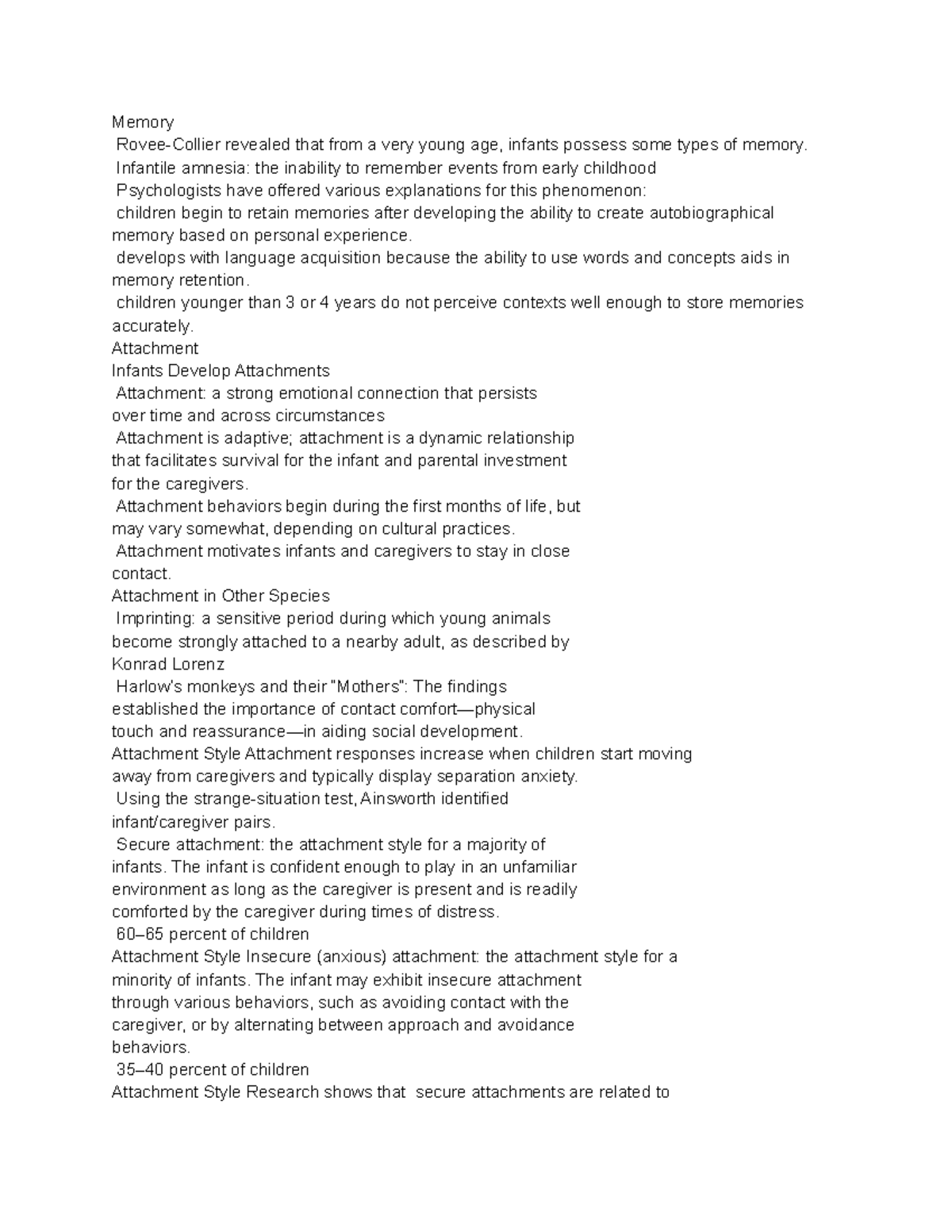 Psy Lecture notes on Attachment - Memory Rovee-Collier revealed that ...