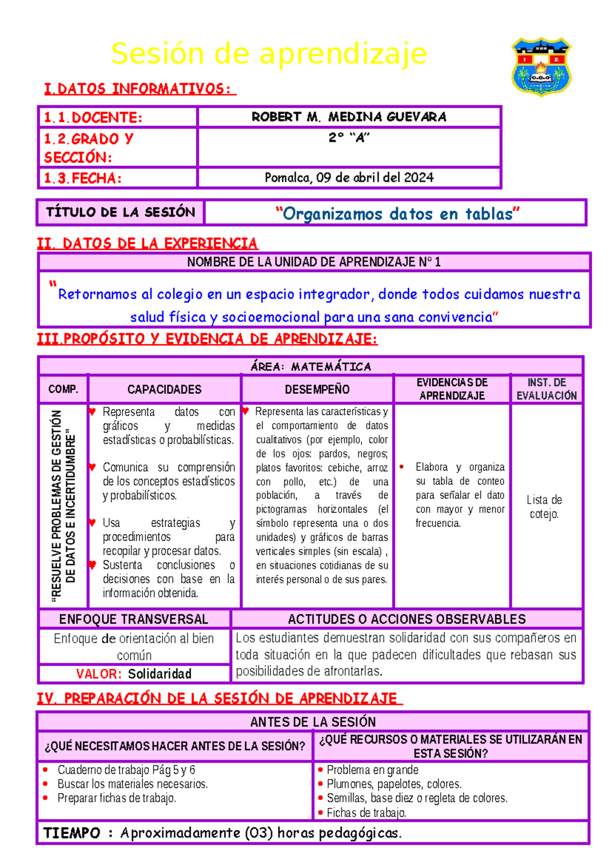 Sesión Organizamos LOS Datos EN Tablas - Sesión de aprendizaje I INFORMATIVOS: 1.1: ROBERT M ...
