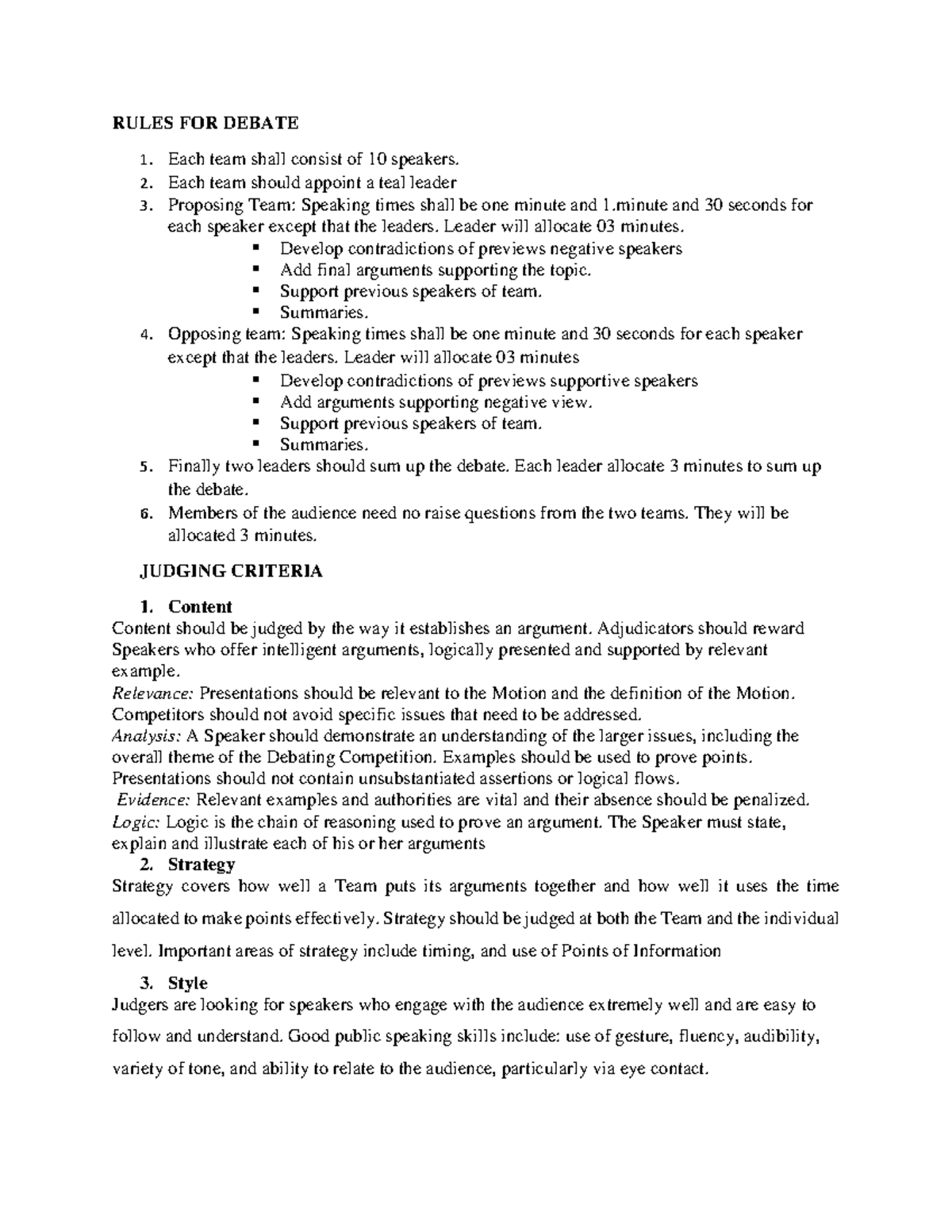 00. Rules FOR Debate - RULES FOR DEBATE Each team shall consist of 10 ...