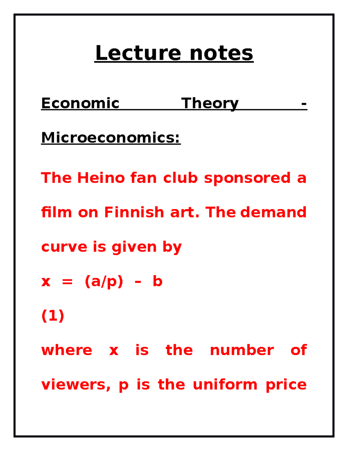 Lecture notes of Economic Theory - Microeconomics - Lecture notes ...