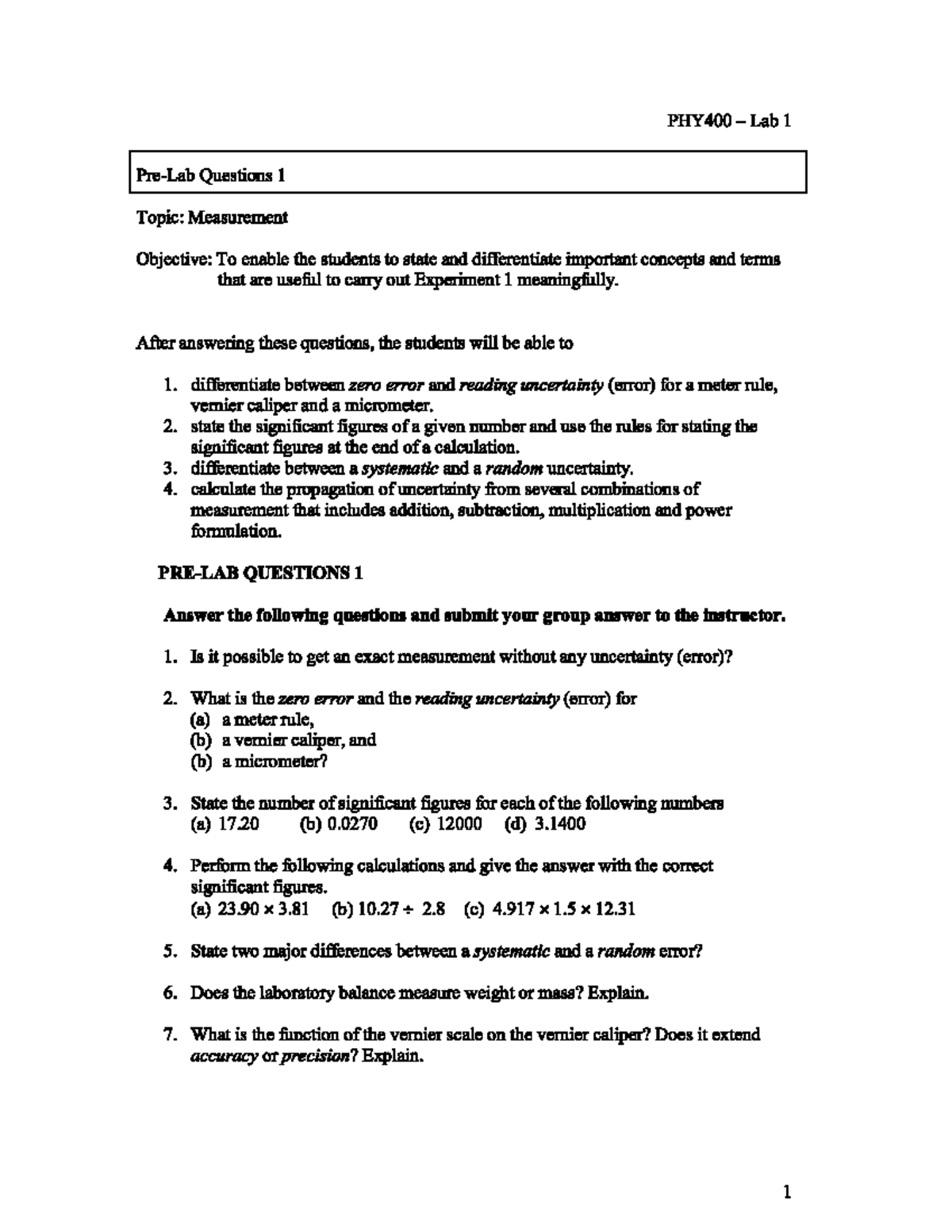 PHY400 Manual LAB 1 - Physics semester 2 - Studocu