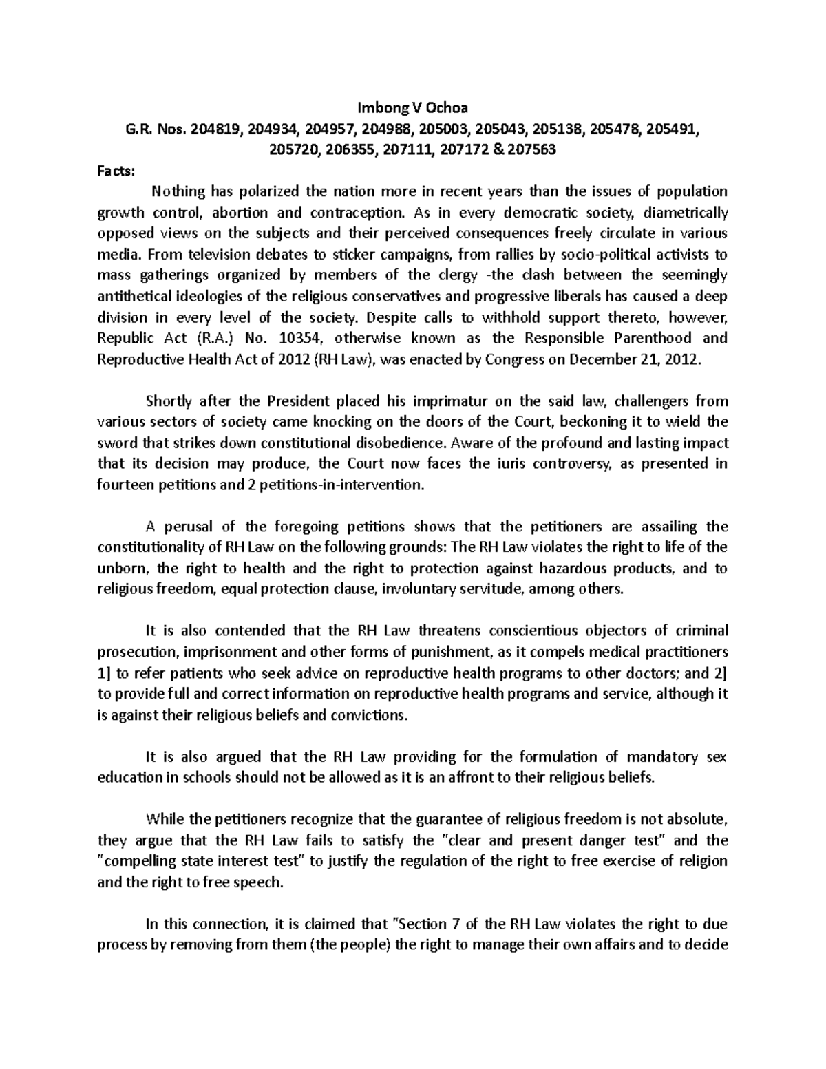 Imbong V Ochoa - Consti cases - Imbong V Ochoa G. Nos. 204819, 204934, 204957, 204988, 205003 ...