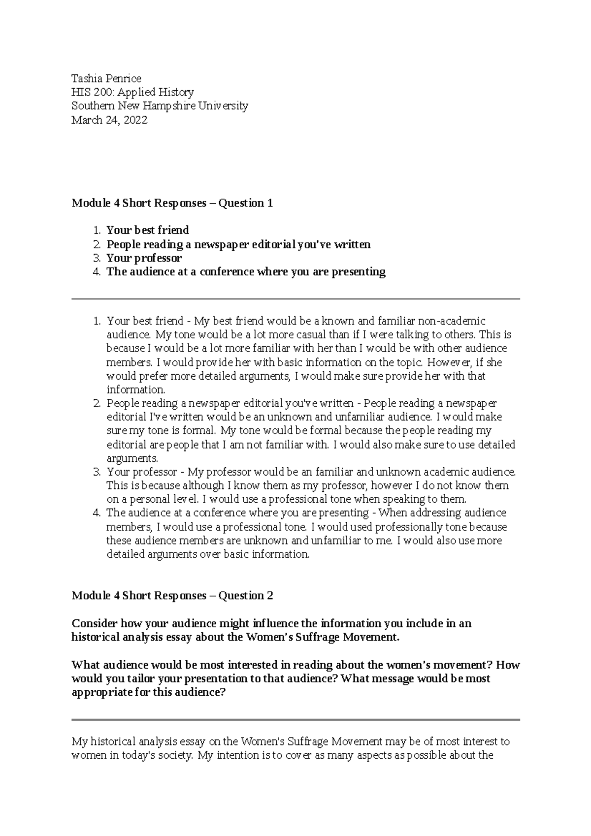 4-2 Module Four Short Responses - Tashia Penrice HIS 200: Applied ...