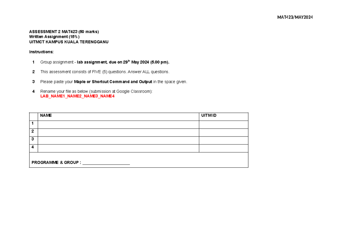 MAT423 Assessment 2 Question - ASSESSMENT 2 MAT423 (50 marks) Written Assignment (15%) UITMCT ...