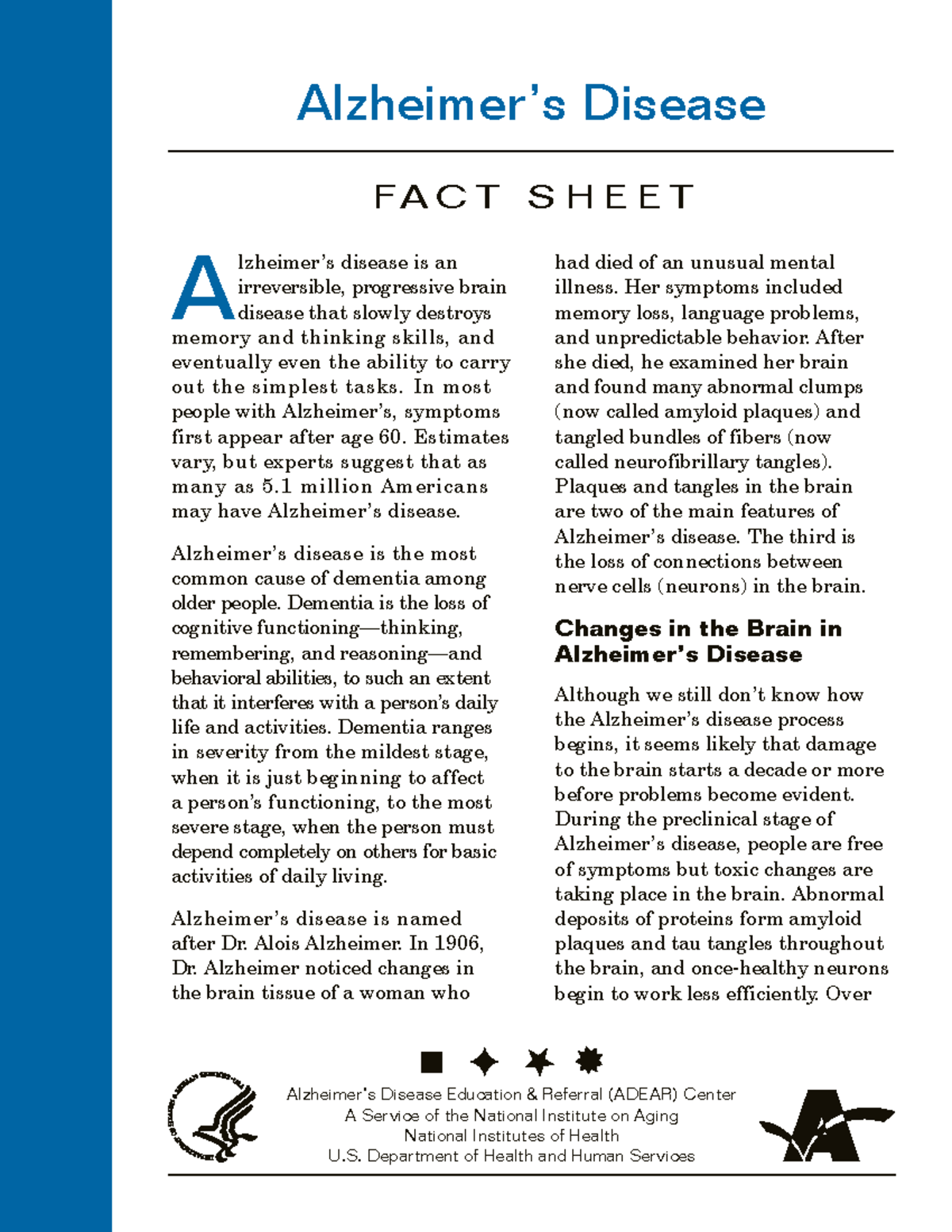 Alzheimers disease fact sheet 0 - Disease FA C T S H E E T A disease is ...