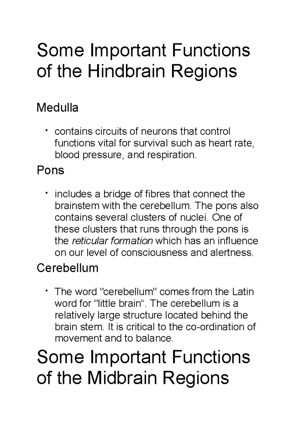 Some Important Functions of the Hindbrain Regions - Some Important ...