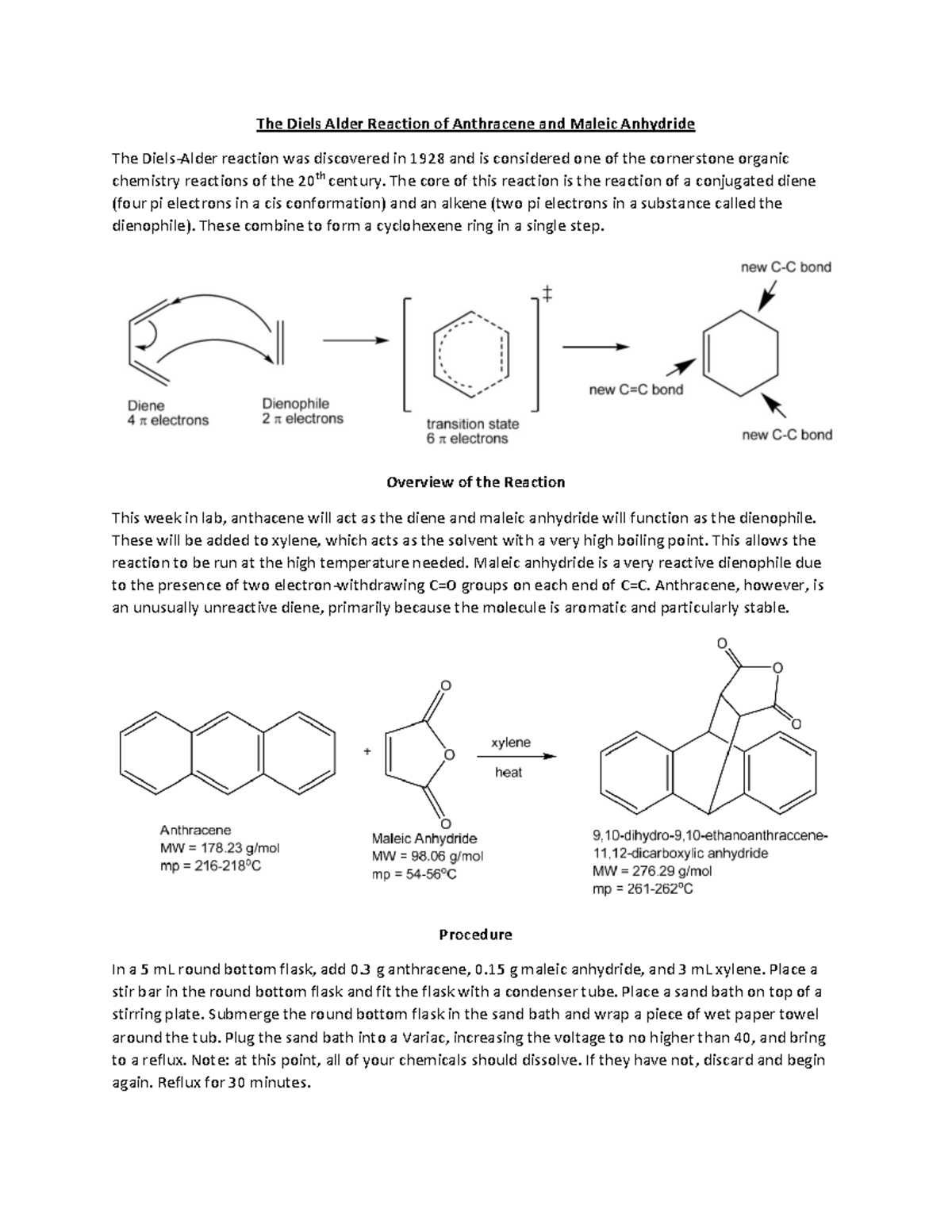 Diels Alder Procedure - The Diels Alder Reaction of Anthracene and ...