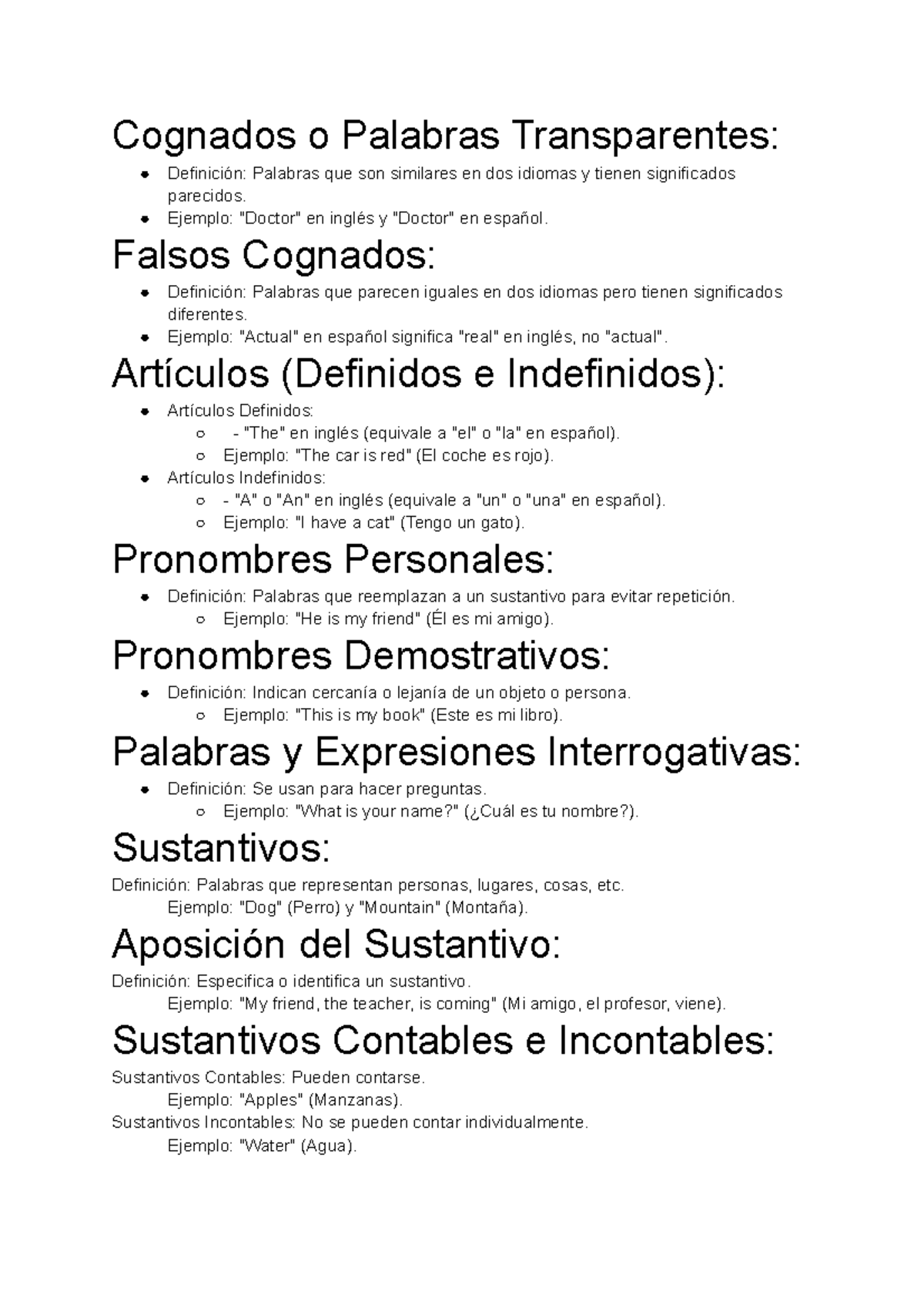 Ingl I - Resumen Inglés nivel I - Cognados o Palabras Transparentes ...