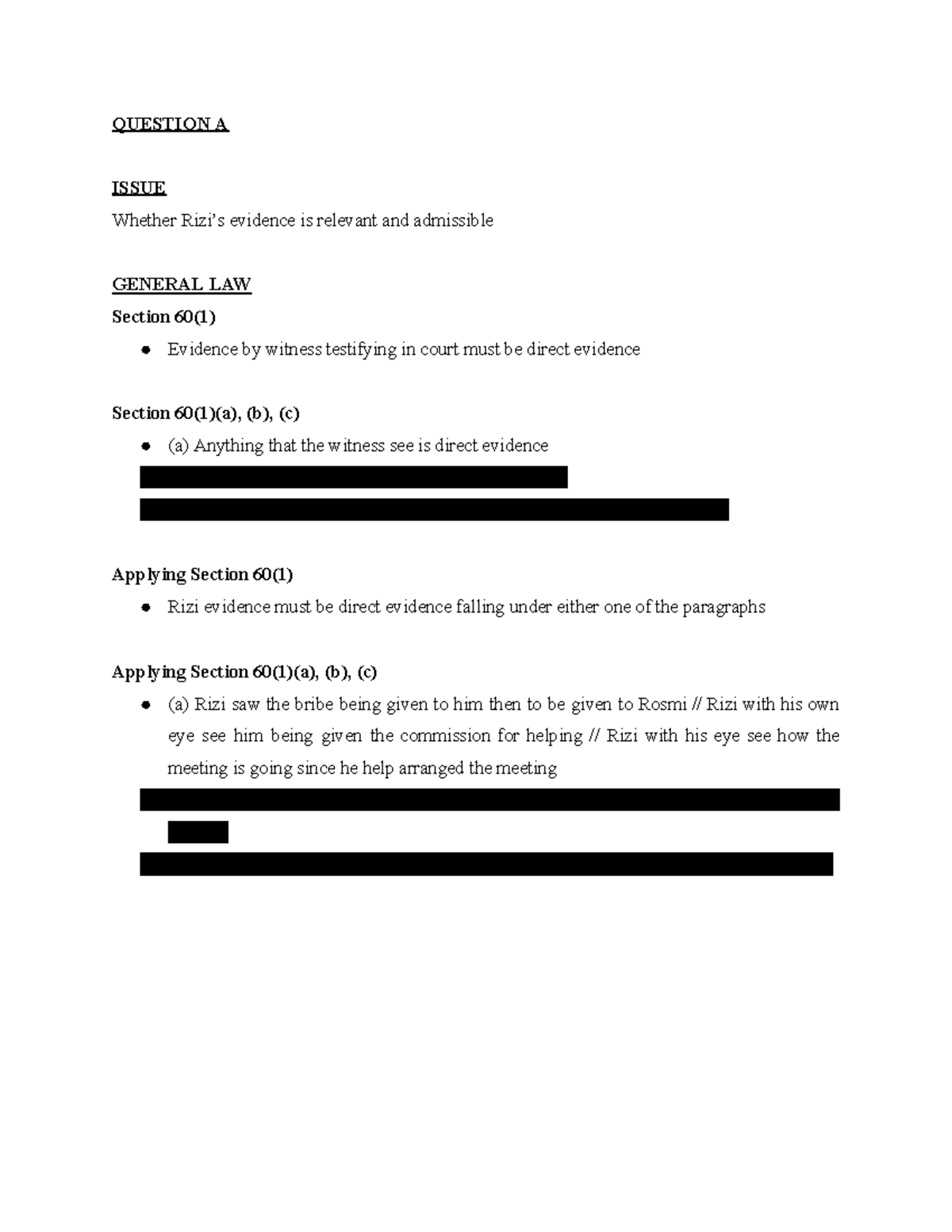 Extra Assessment Evidence FULL Skeleton - QUESTION A ISSUE Whether Rizi’s evidence is relevant ...