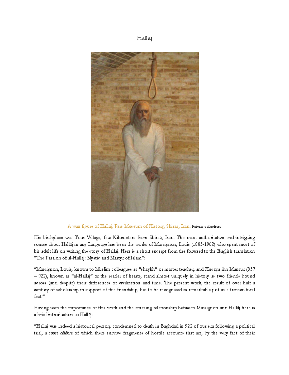 Hallaj pdf - Test Purpose - Hallaj A wax figure of Hallaj, Pars Museum ...