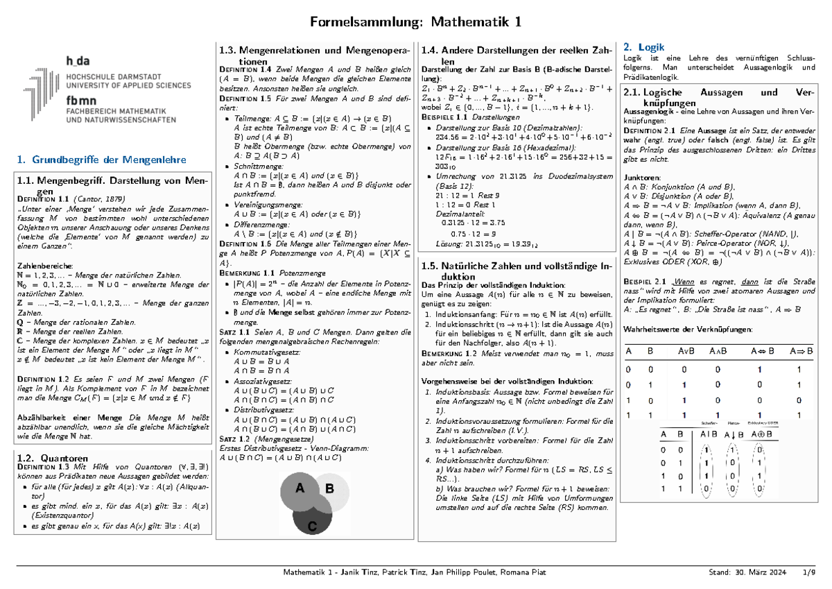 Formelsammlung Mathe 1 - 1. Grundbegriffe der Mengenlehre 1 ...
