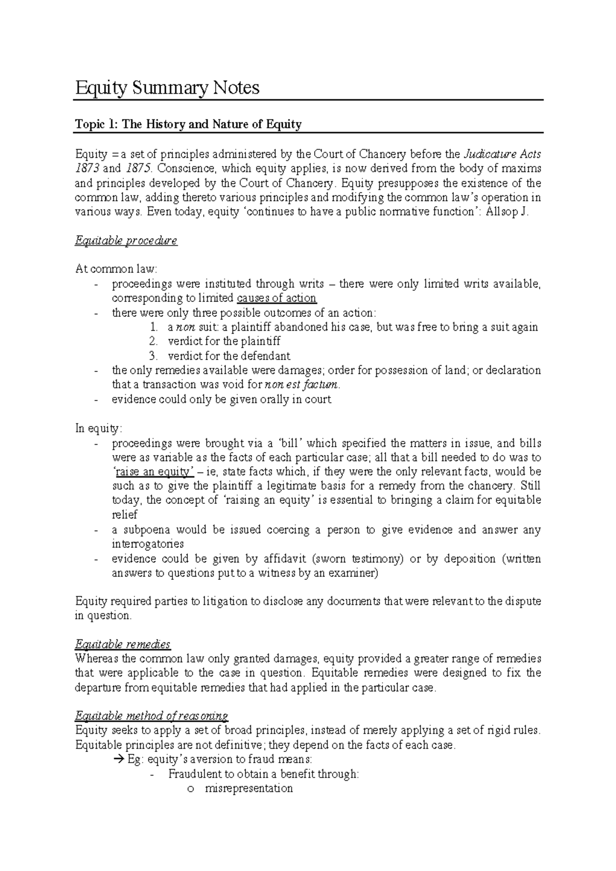 33124-sample - Equity lecture notes - Equity Summary Notes Topic 1: The ...