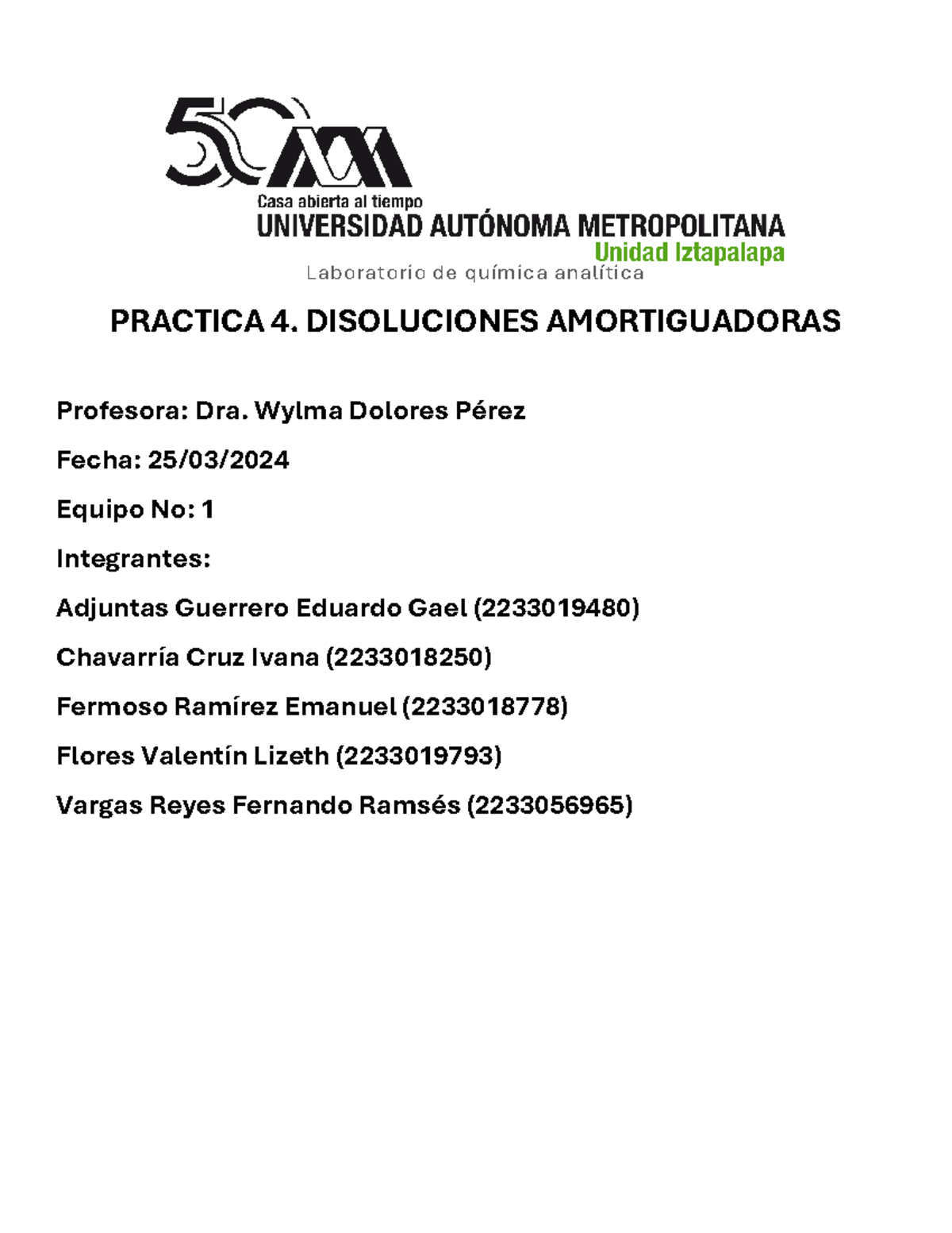 Practica 4 Disoluciones amortiguadoras - Laboratorio de química analítica PRACTICA 4 ...