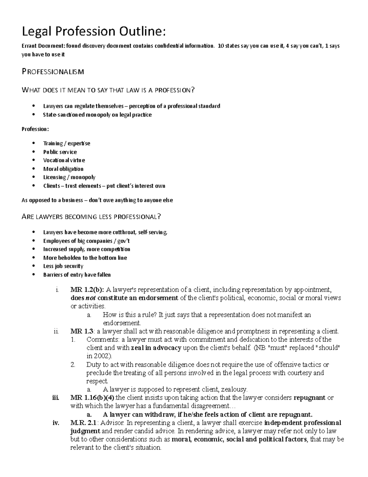 Final Legal Profession Outline - Legal Profession Outline: Errant ...
